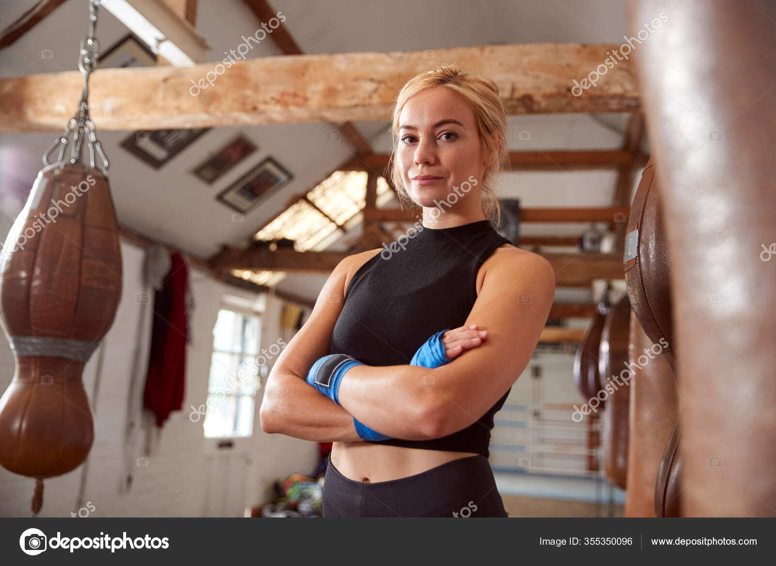 Portrait Female Boxer Protective Wraps Hands Training Gym — Stock Photo ...