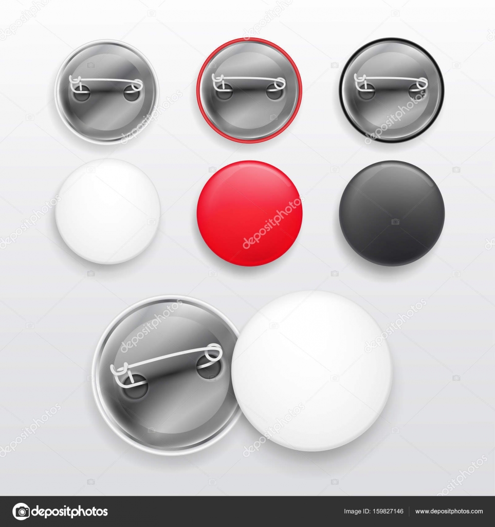 Blank white, red and black badges. Pin button. 3d realistic mockup ...