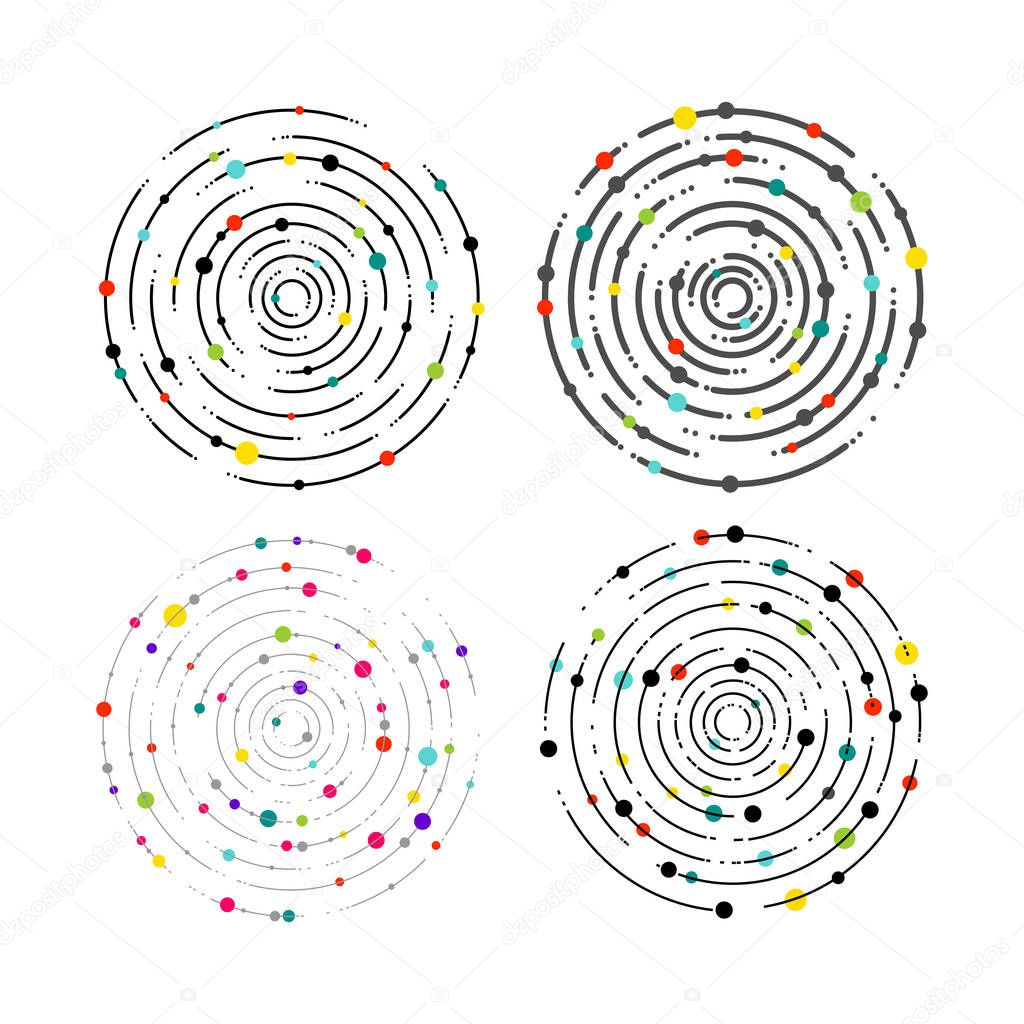 Conjunto de líneas circulares y puntos de color. Patrón gráfico de ...