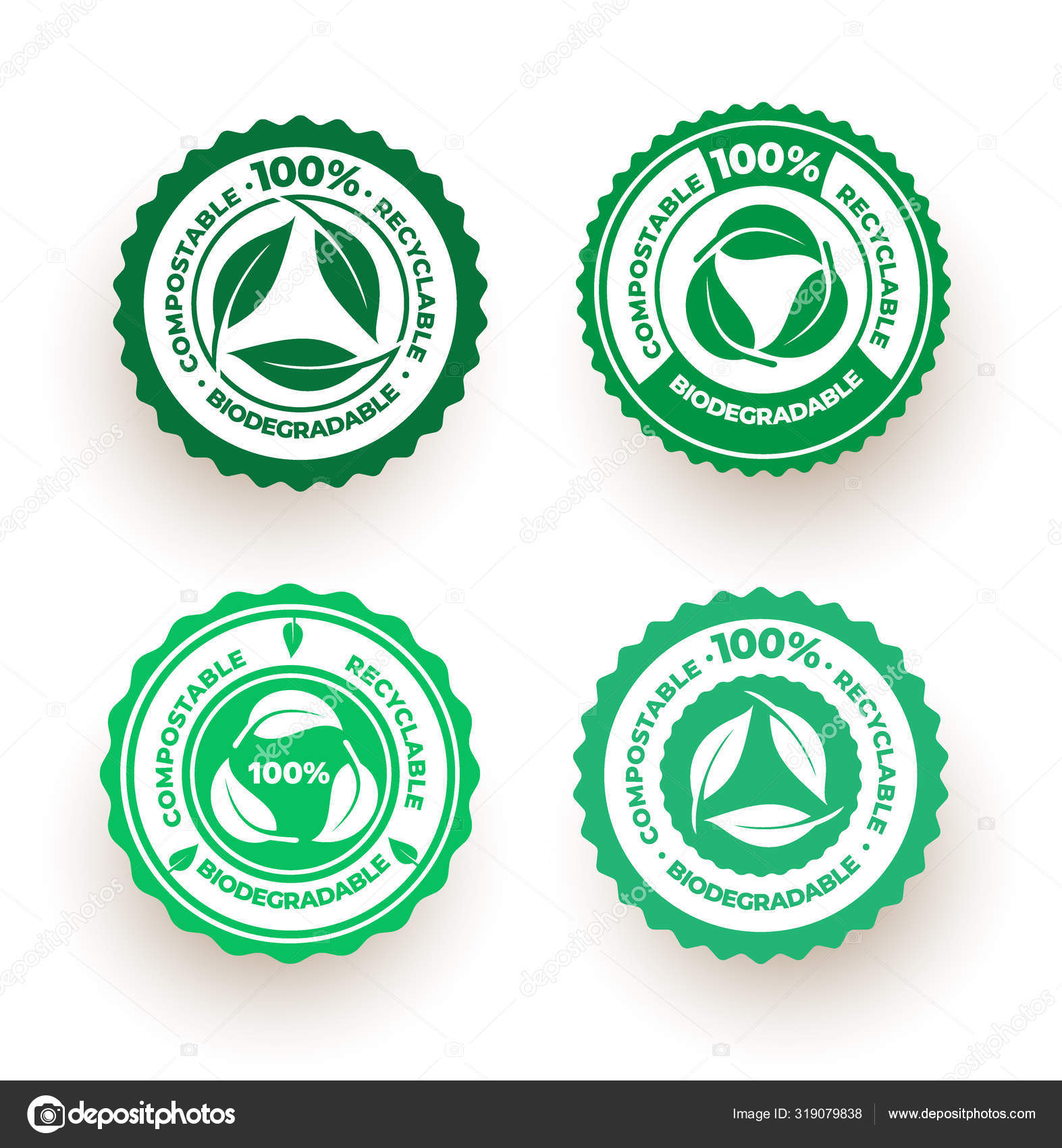 Set of biodegradable and compostable recyclable icon. 100 percent bio recyclable package green ...