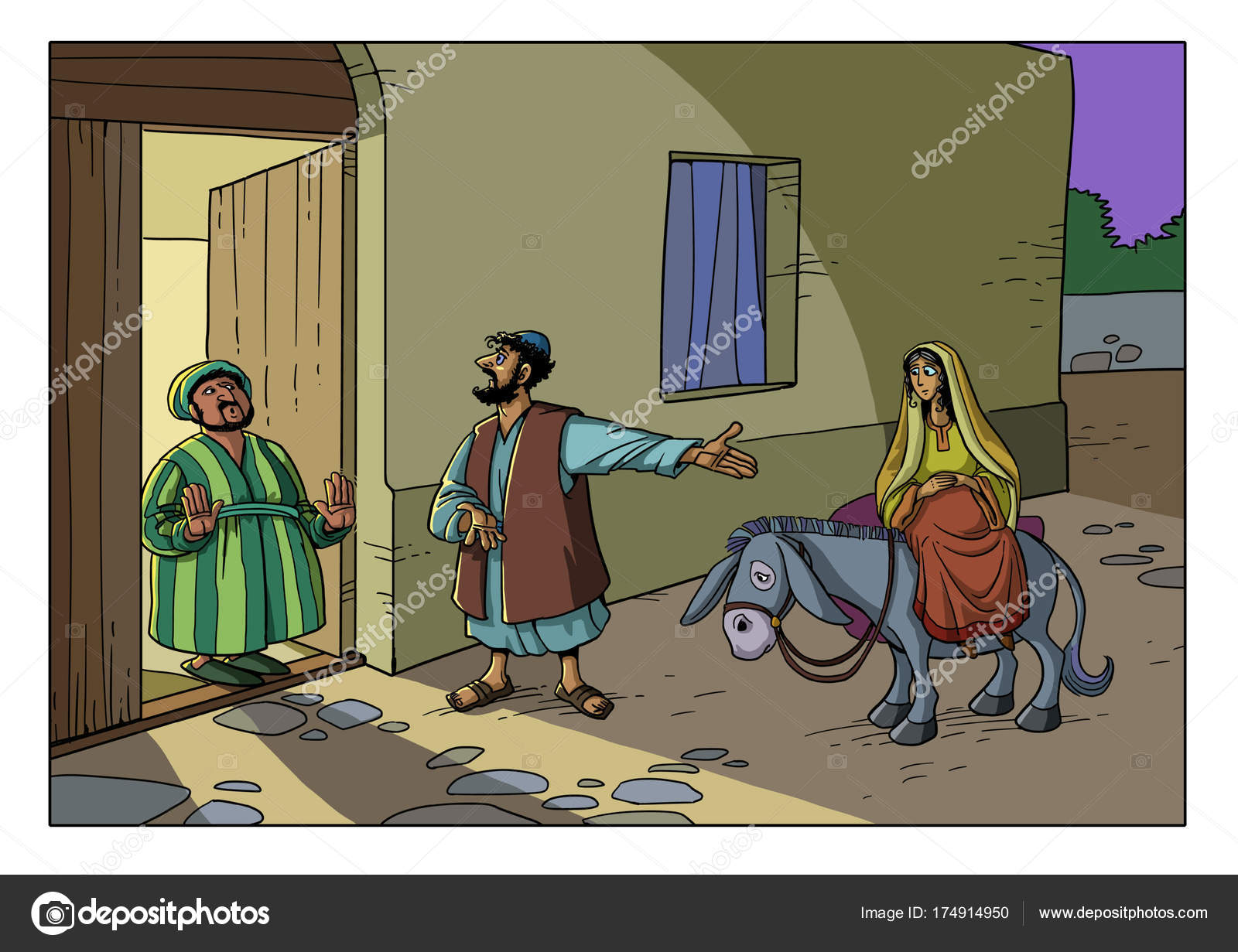 Chrismas story. Maria and Joseph are looking for a hotel. Stock ...