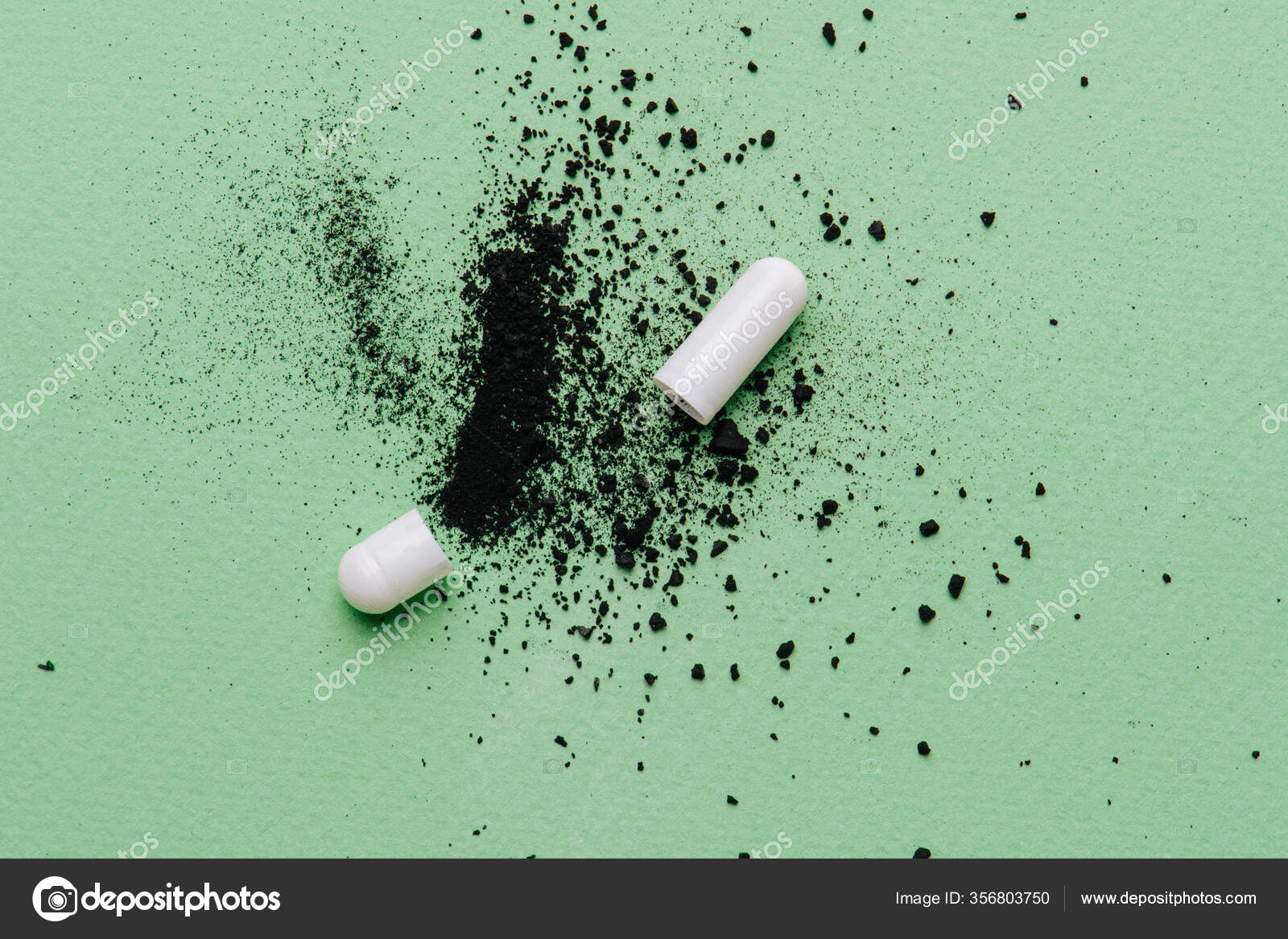 White Opened Drug Capsule Black Powder Ingredient Sprinkled All Surface ...