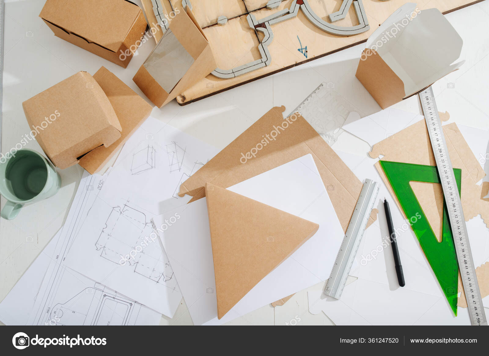 Messy Workplace Designing Cardboard Boxes Private Workshop Rulers ...