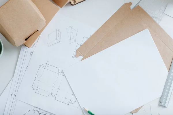 Messy Workplace Designing Cardboard Boxes Private Workshop Rulers ...