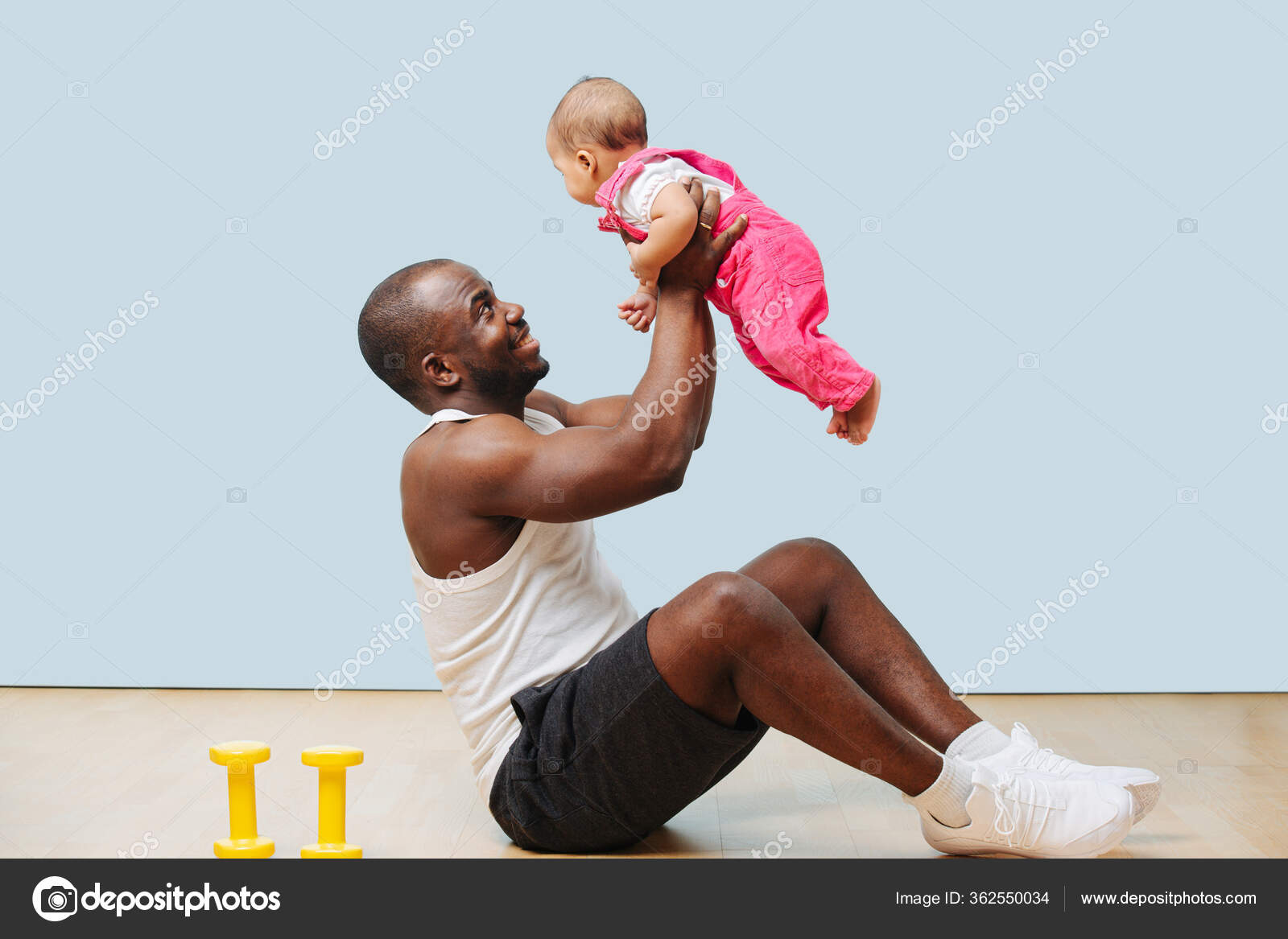 Happy Father Doing Exercises Using His Infant Child Weight Abs Stock ...