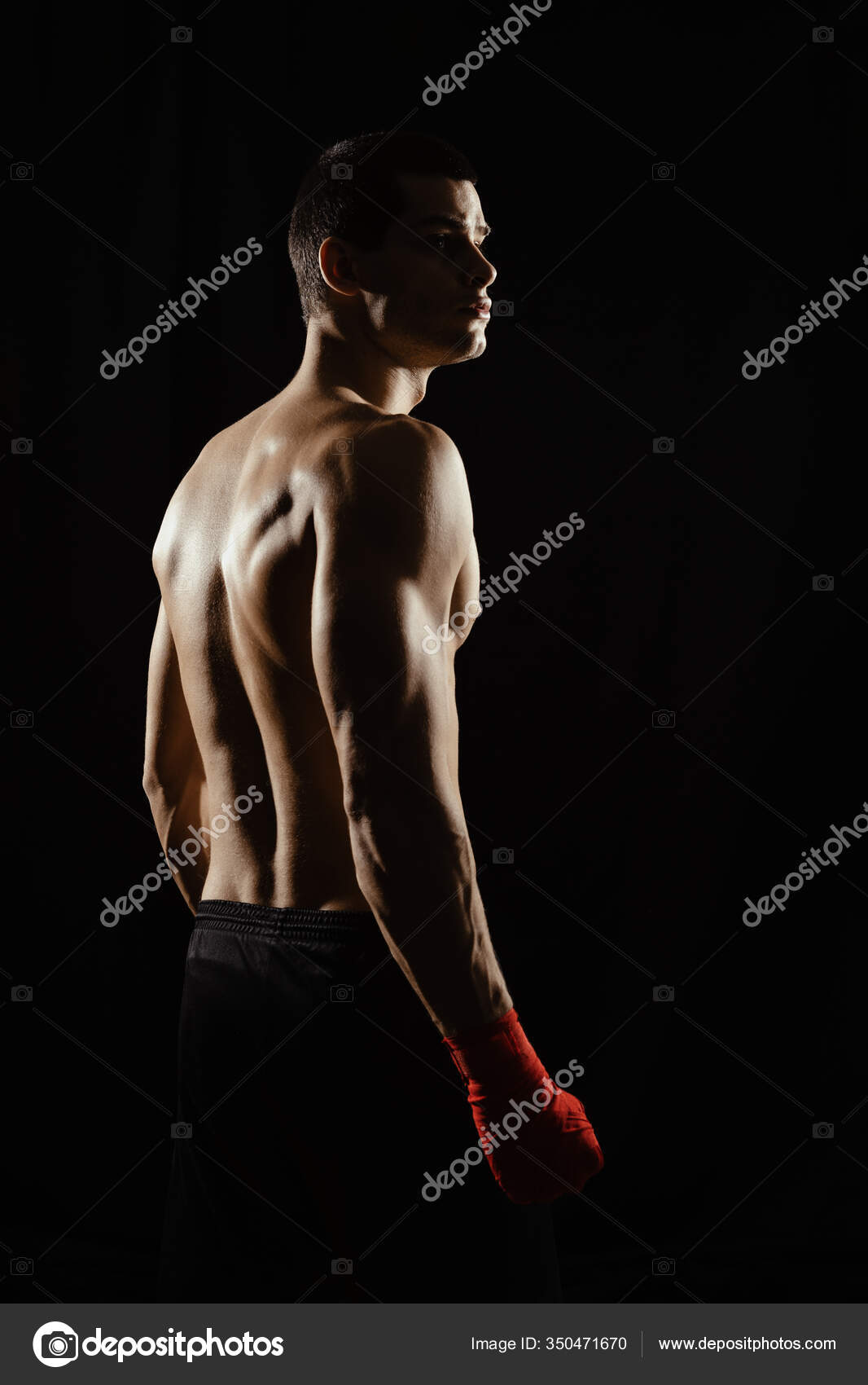 Portrait Male Boxer Posing Boxing Stance Looking Shoulder Black ...
