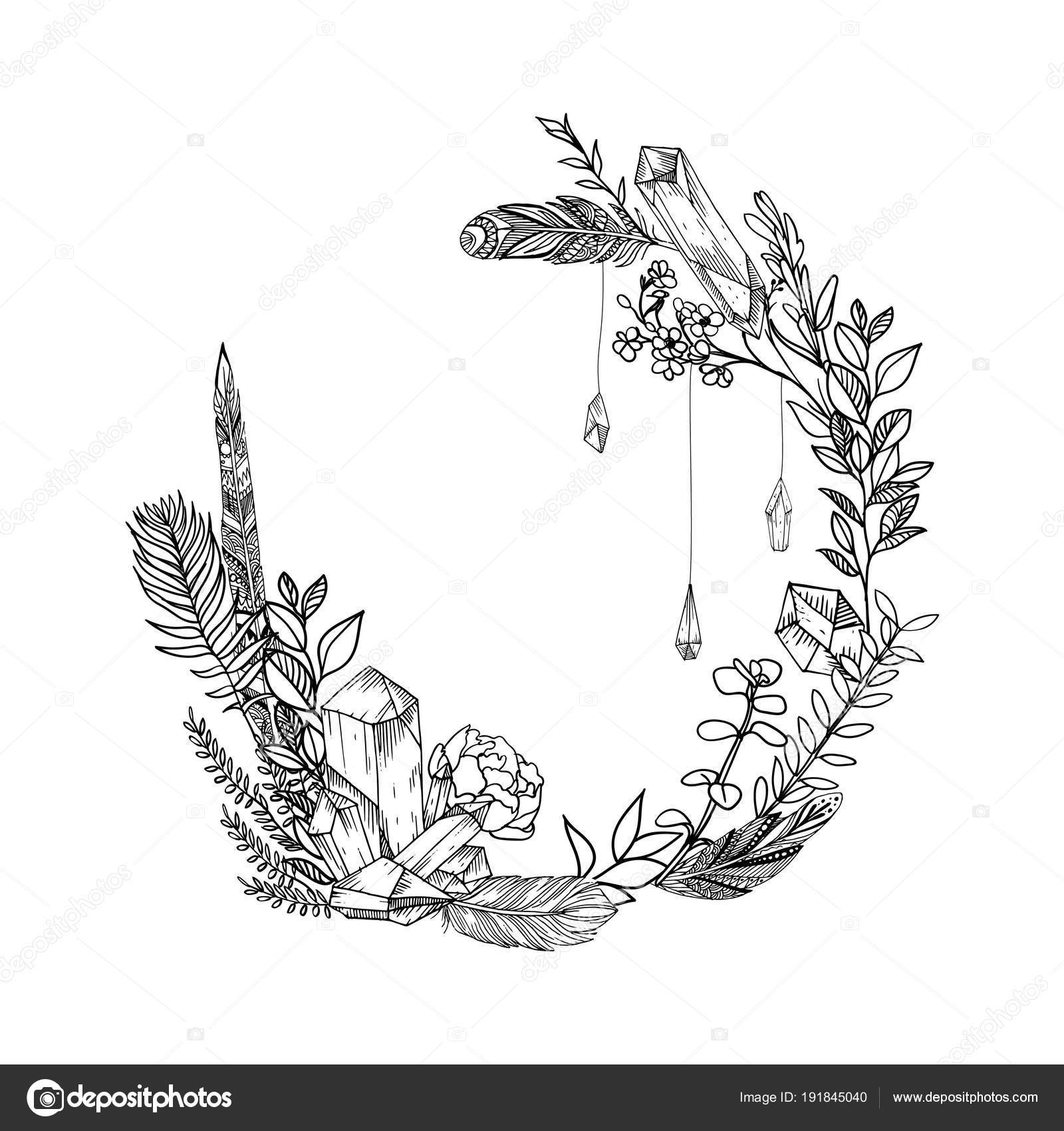 Hand drawn vector floral frame with leaves, flowers, feathers and gems ...