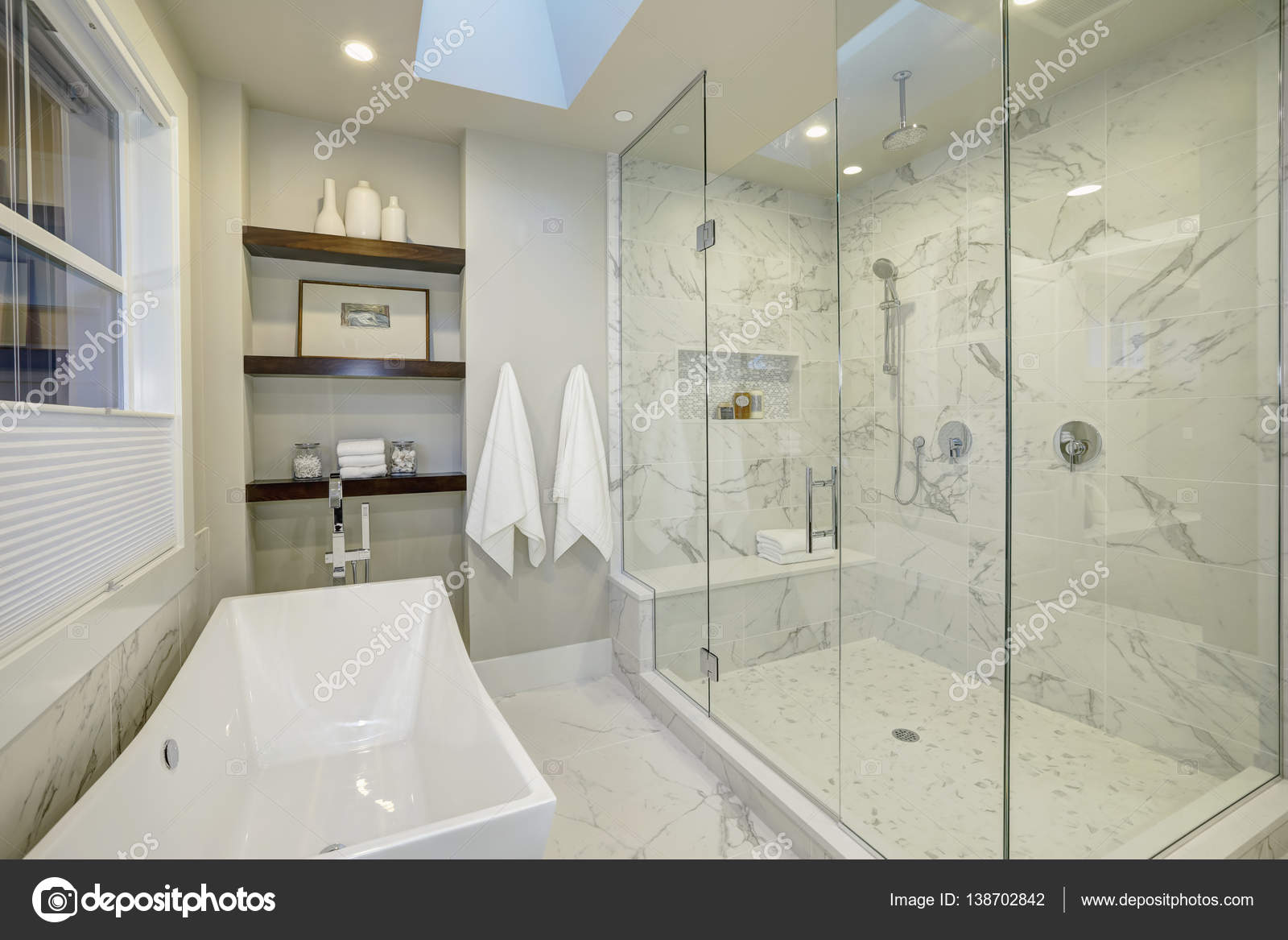 Amazing master bathroom with large glass walk-in shower Stock Photo by ...