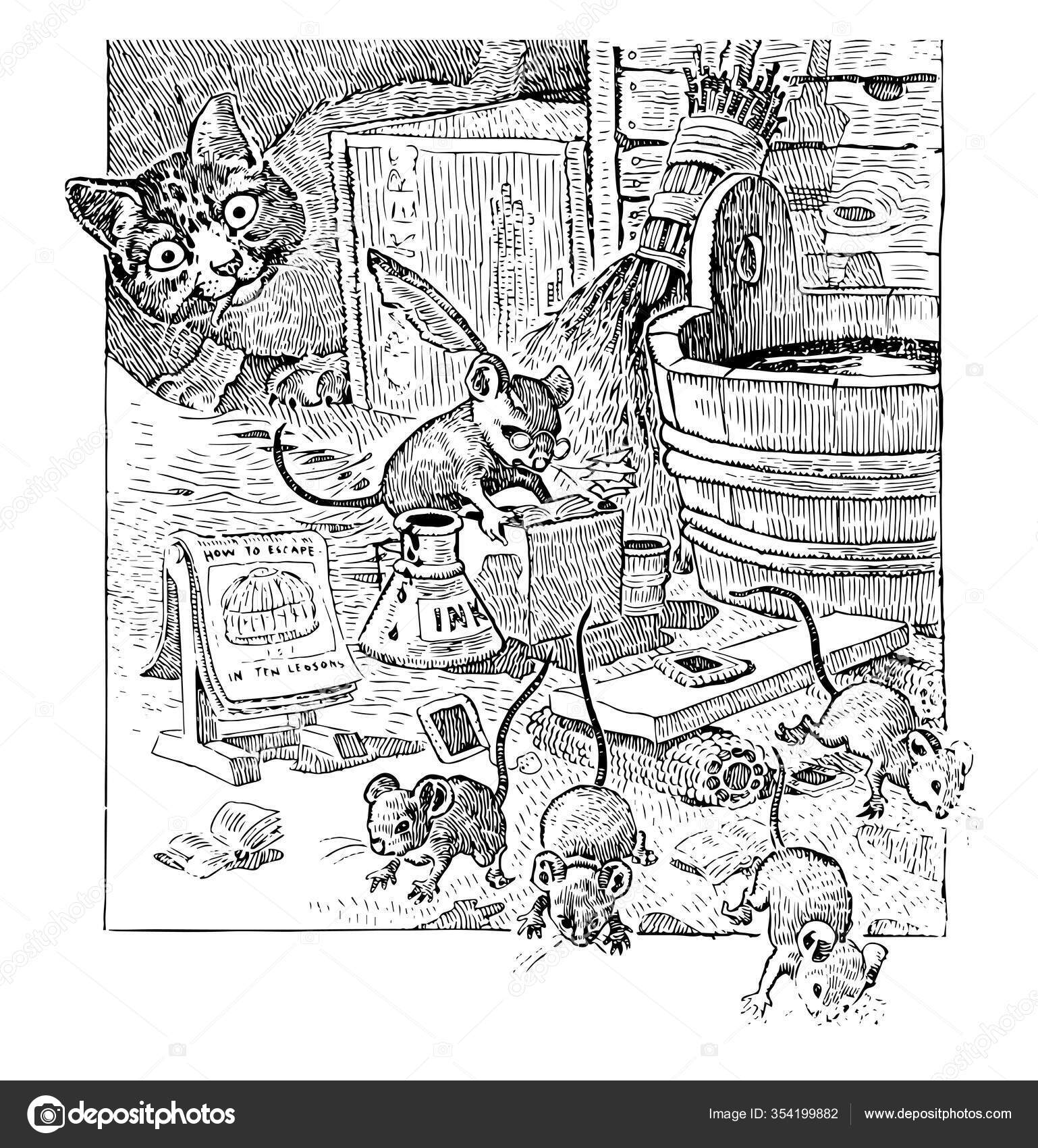 Cat Mice Scene Shows Cat Sneaking Mouse Teaching Class How Stock Vector ...