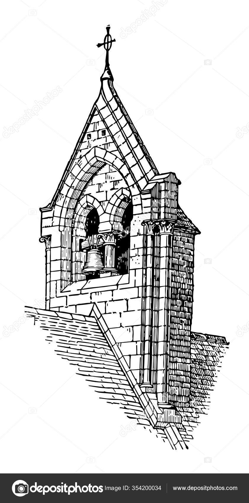 Bell Gable Turret Placed Small Churches Chapels Vintage Line Drawing ...