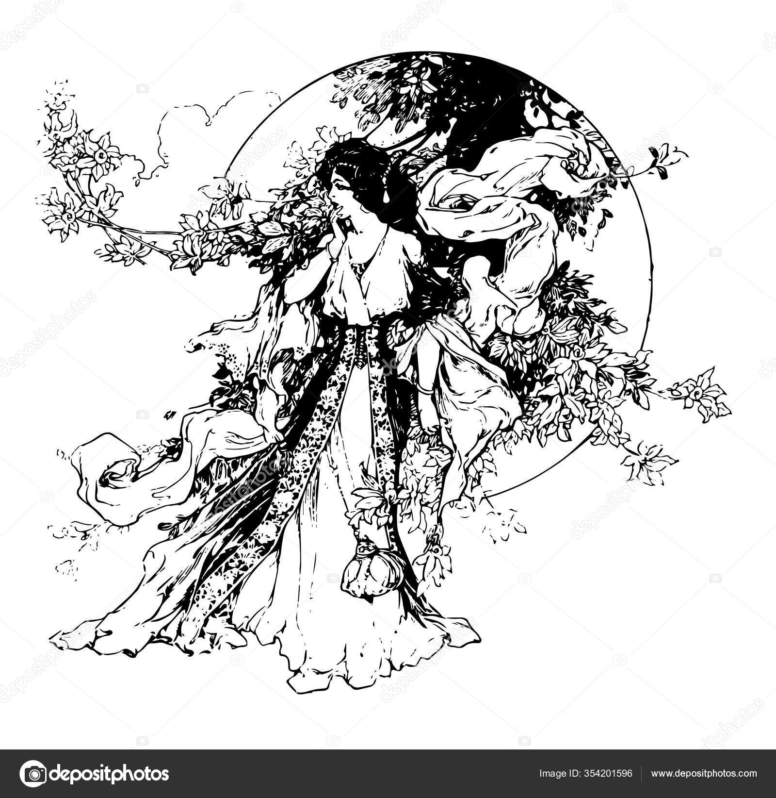 Female Standing Tree Looking Something Vintage Line Drawing Engraving ...