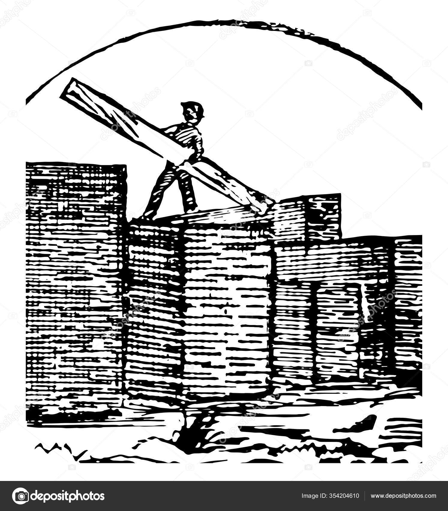 Illustration Represents Lumber Yard Which Piled Kept Sale Vintage Line ...
