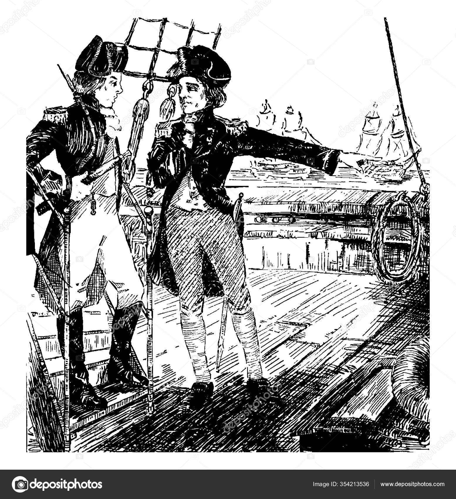 Two Men Standing Ship Water Talking Ships Background Vintage Line Stock ...