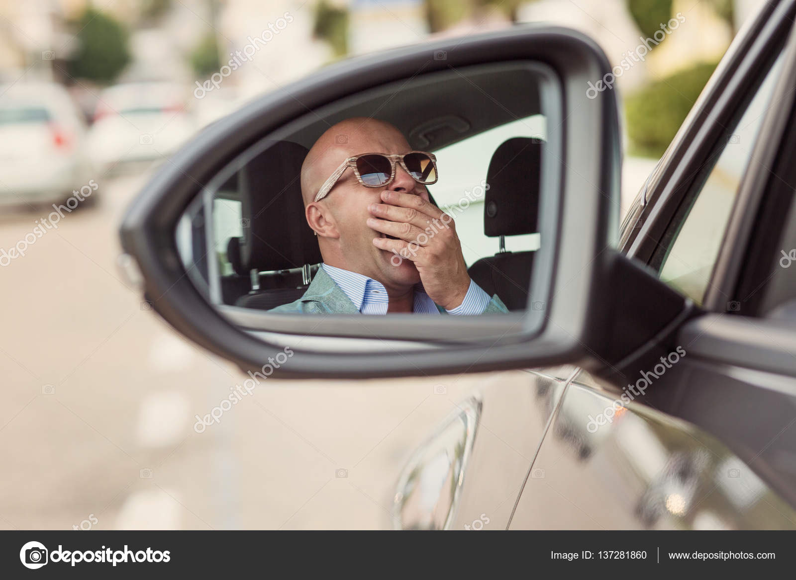 Side mirror view reflection sleepy tired fatigued yawning exhaus Stock ...