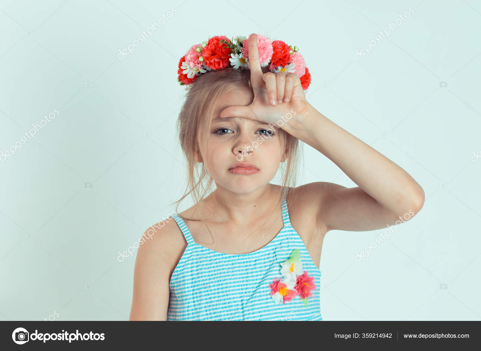 Closeup Portrait Young Unhappy Kid Girl Giving Loser Sign Forehead ...