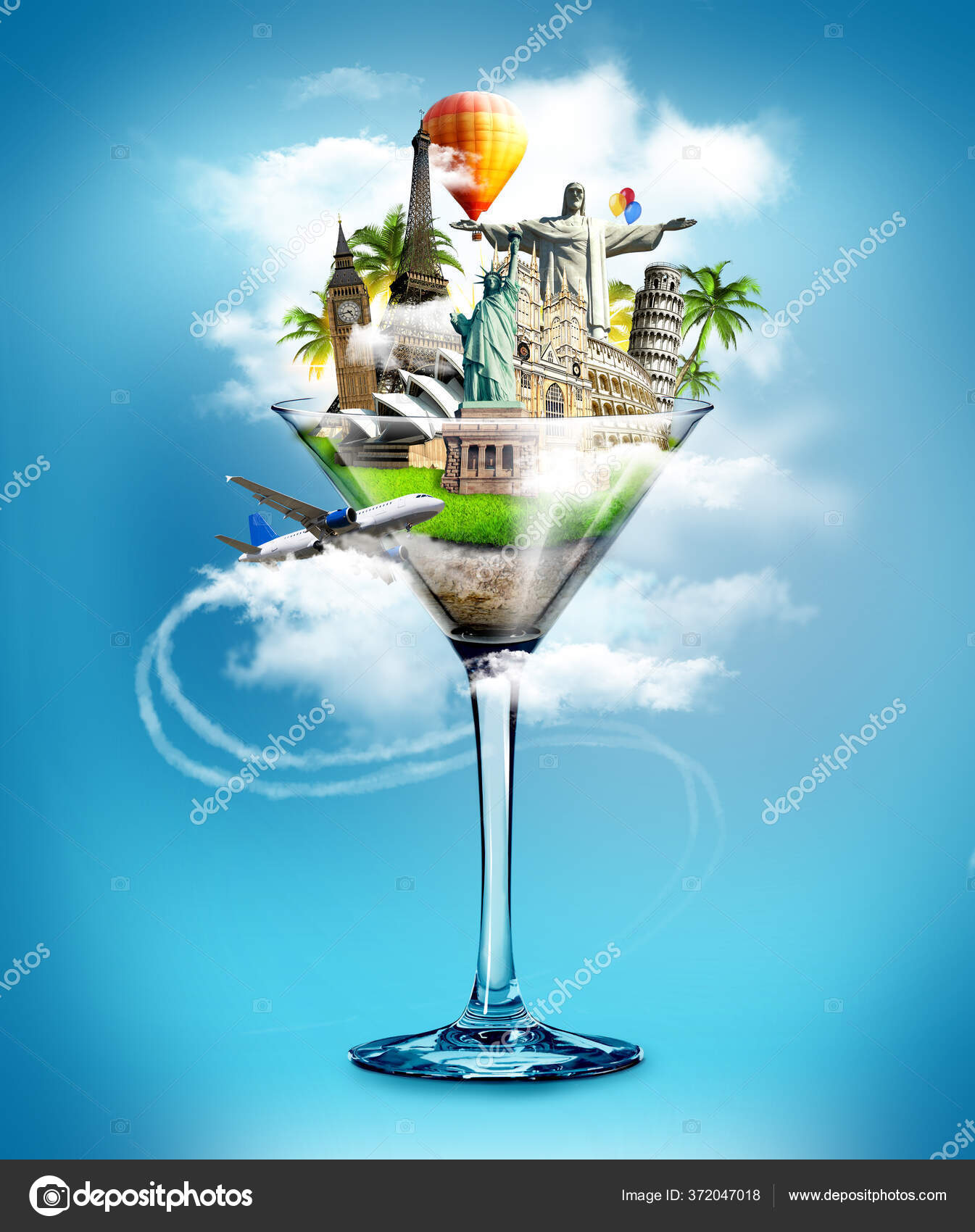 Glass Different Famous World Monuments Aircraft Clouds Isolated Blue ...
