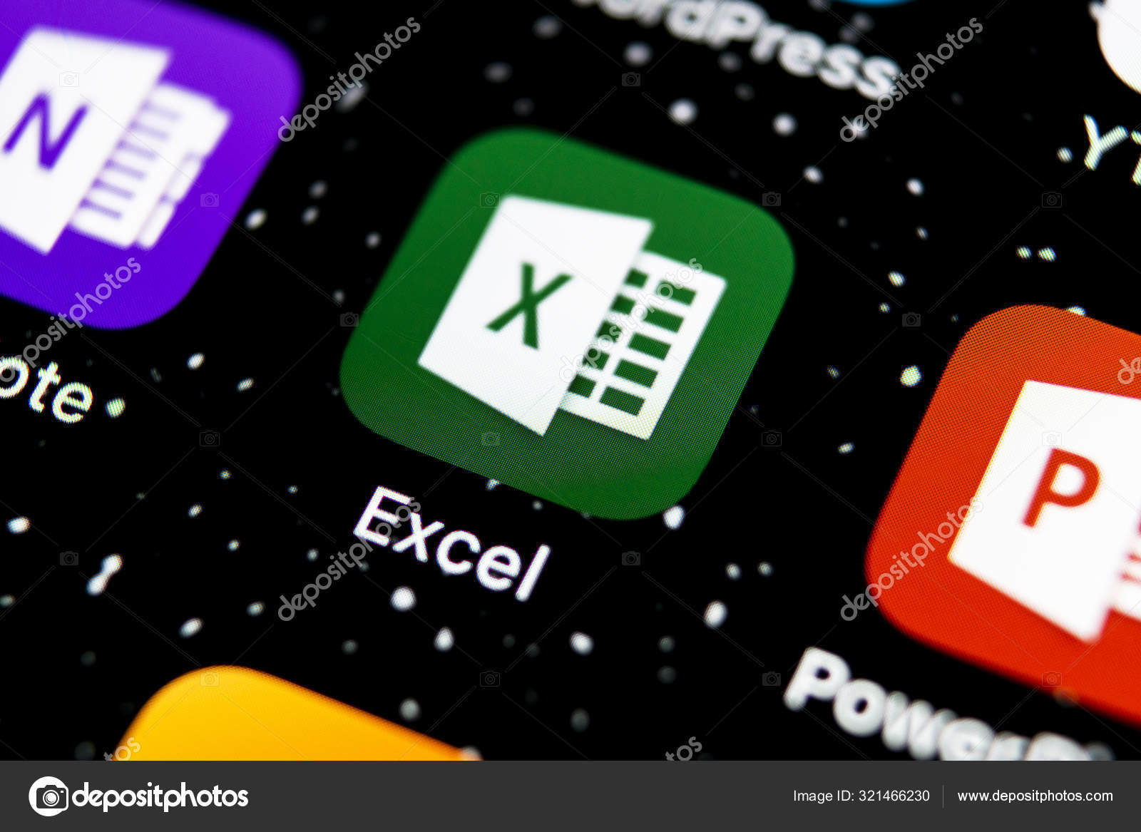 Microsoft Excel application icon on Apple iPhone X screen close-up. Microsoft office Excel app ...