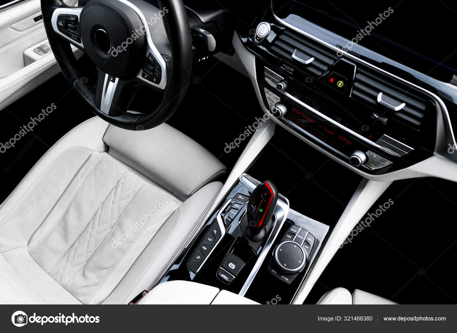 Modern luxury car white leather interior with natural wood panel. Part ...