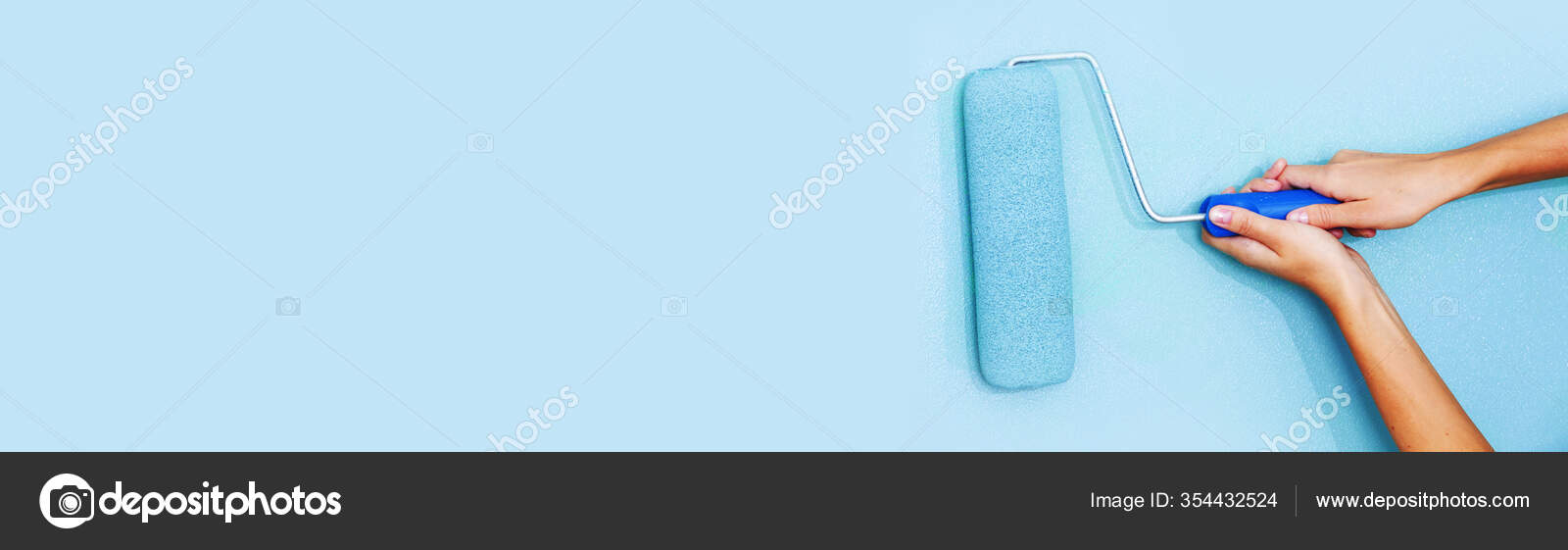 Woman Paints Wall Paint Roller Blue Color Background Renovation Concept ...