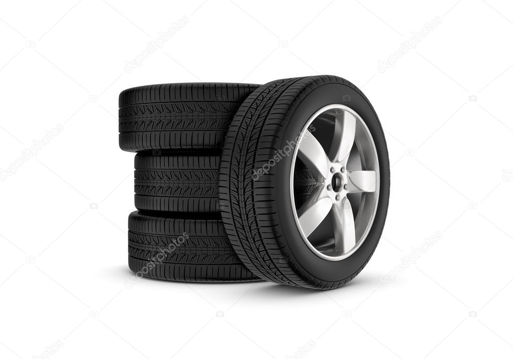 Rendering black wheels with one in profile isolated on white background ...