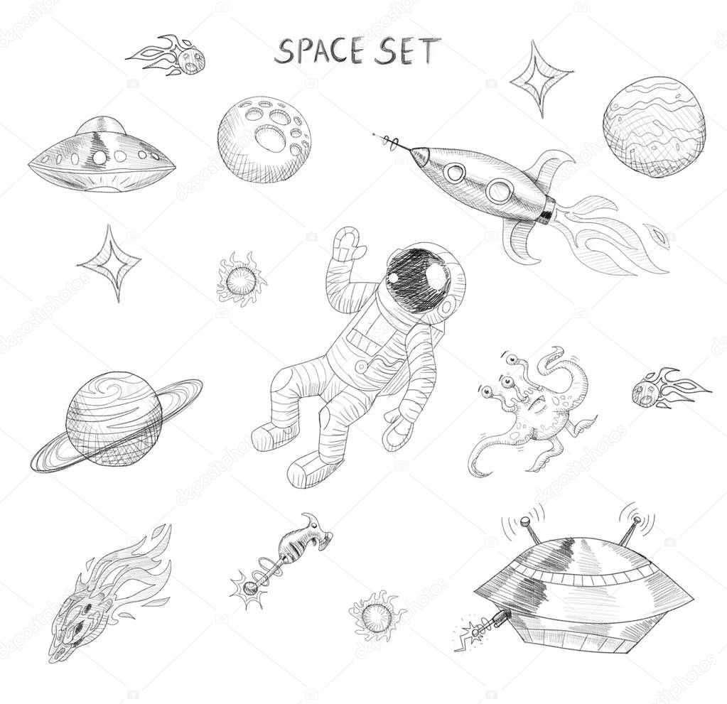 Drawing of space | Drawing of space objects: astronaut, alien, ufo ...
