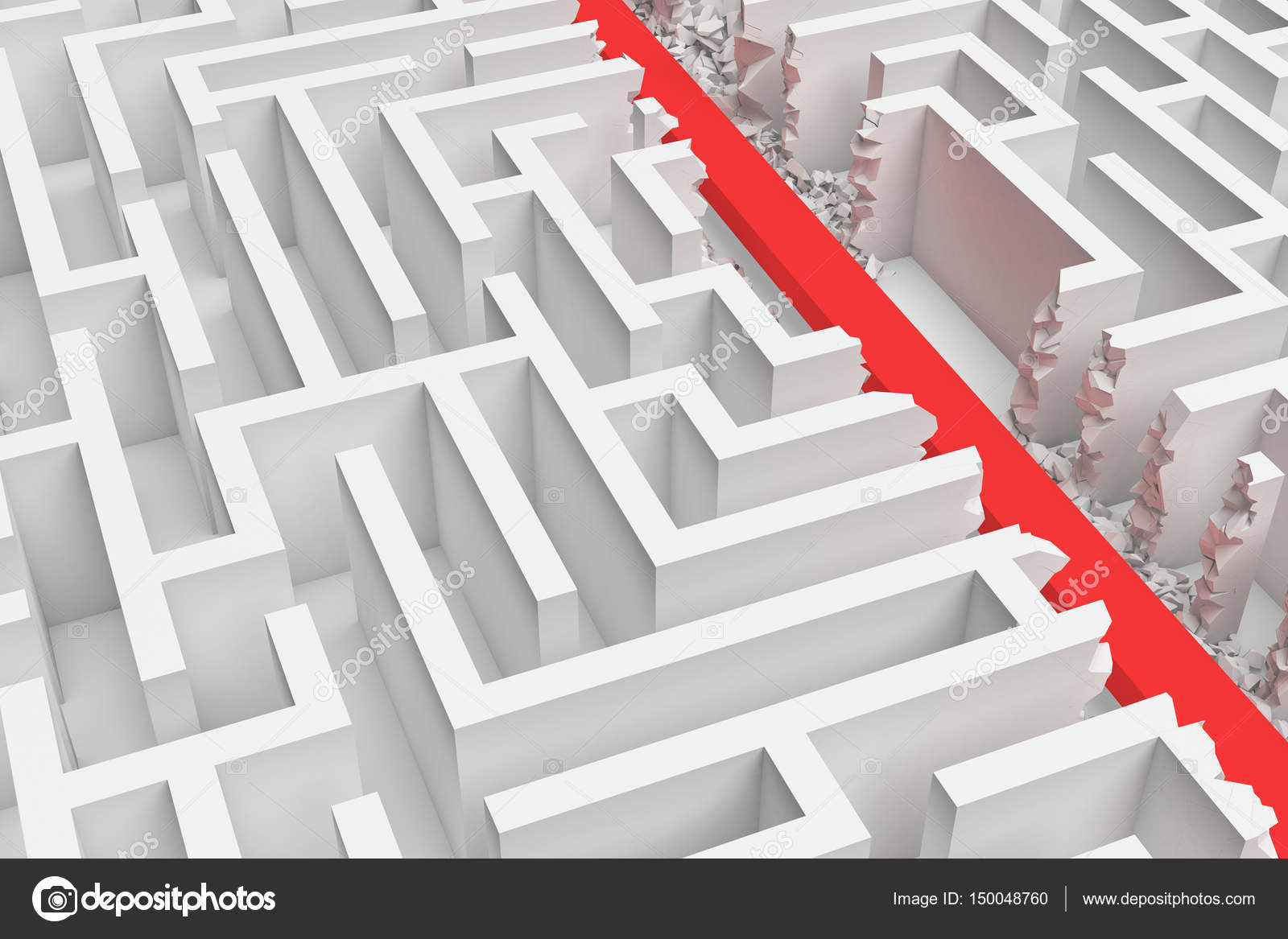 3d rendering of a white square maze in side view divided in half by a ...