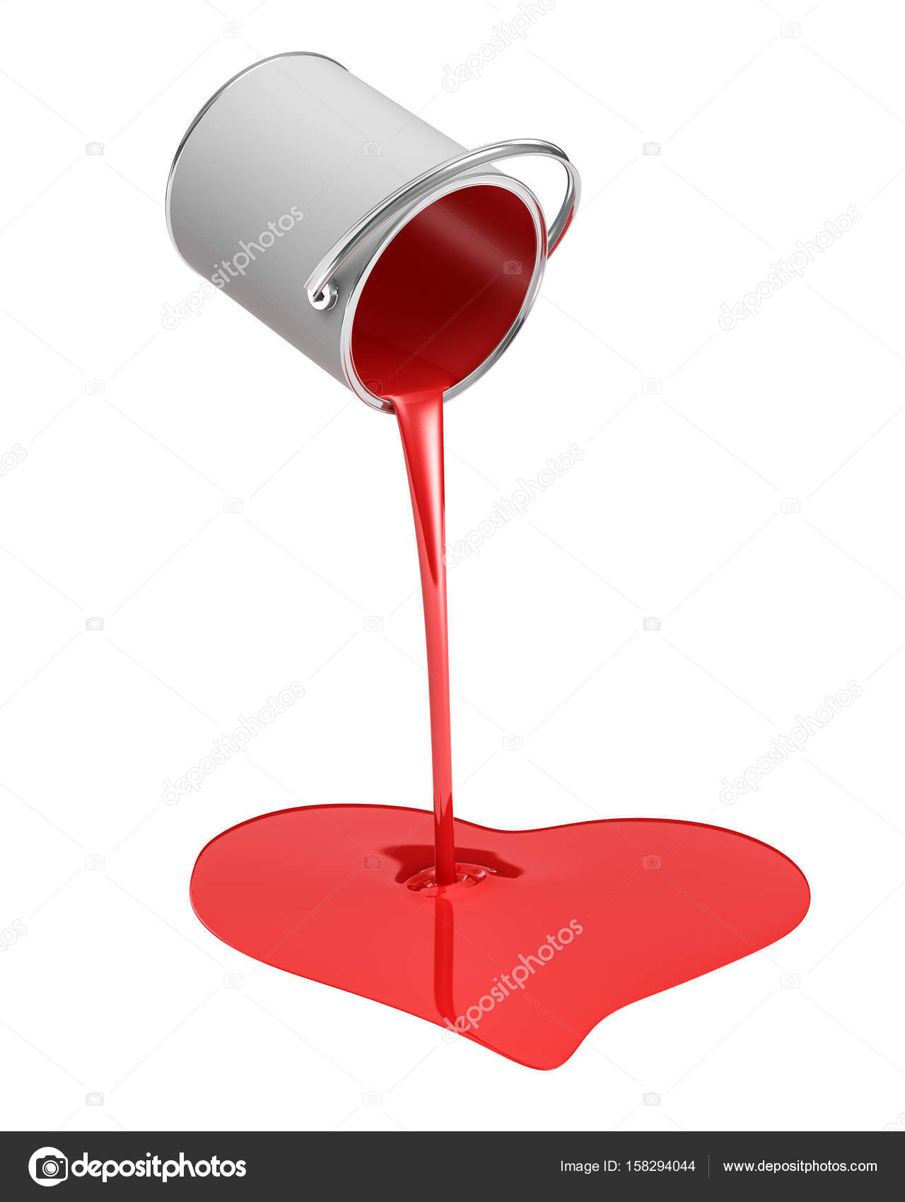 3d rendering of a red paint bucket overturned with paint leaking out ...