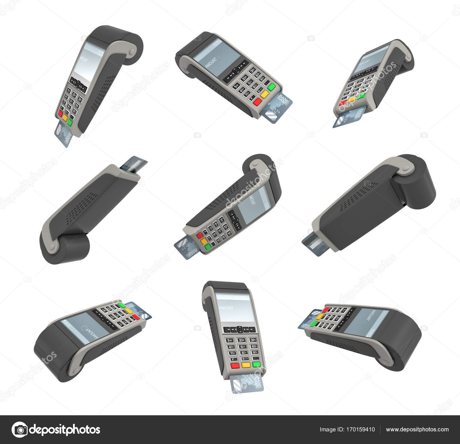 3d rendering of many POS terminals hanging on white background in different angles. — Stock ...