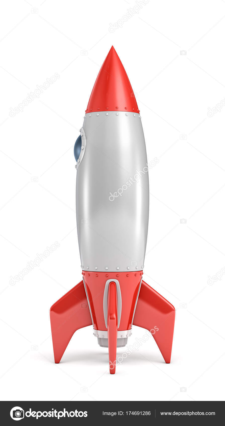 3d rendering of a silver and red rocket ship with a round porthole ...