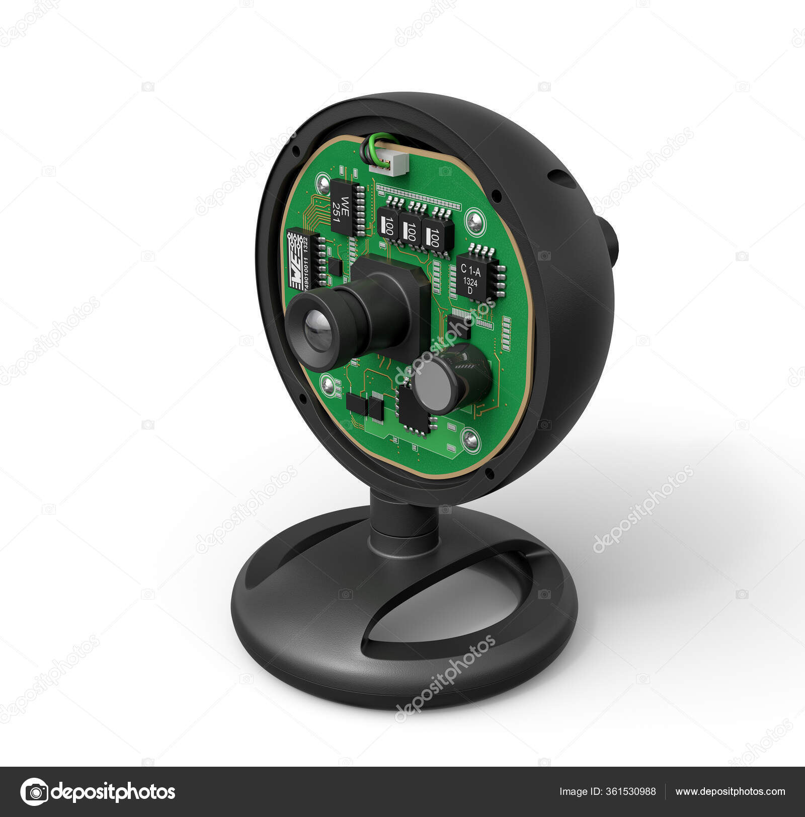 3d rendering of round web camera circuit board isolated on white ...