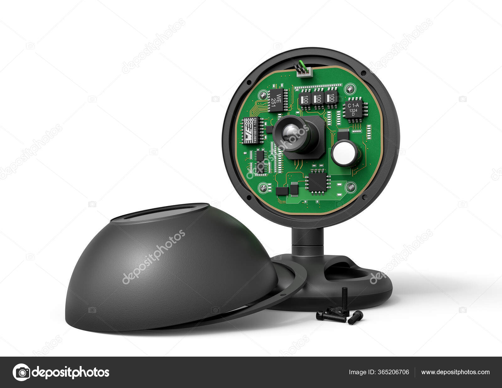3d close-up rendering of black webcam with its front half taken off and ...
