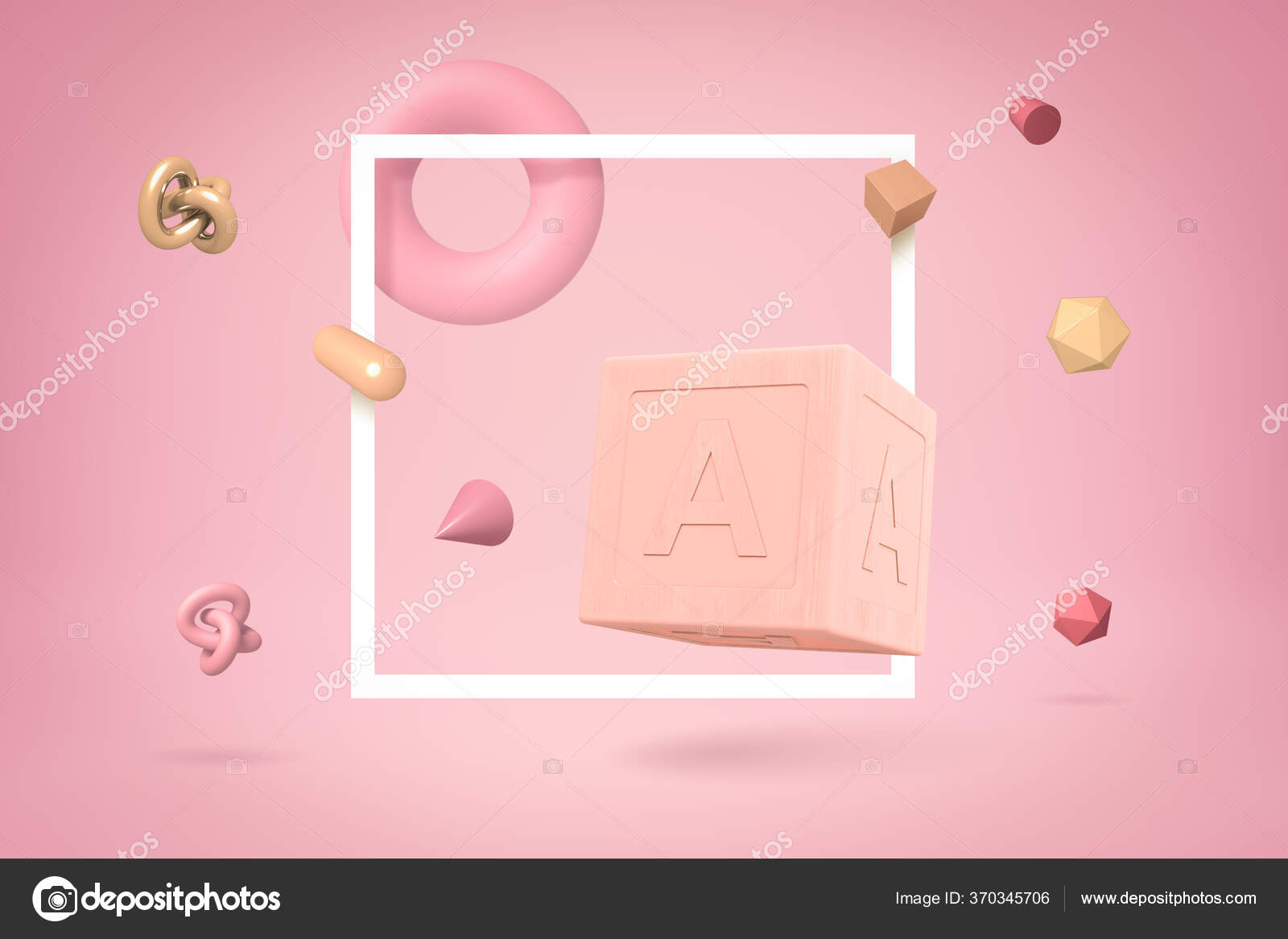 3d rendering of rose pink ABC block, square white frame, and different ...