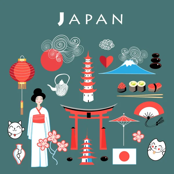 Japan landmark, symbols set sushi, Mountain Fuji, branch sakura flower ...