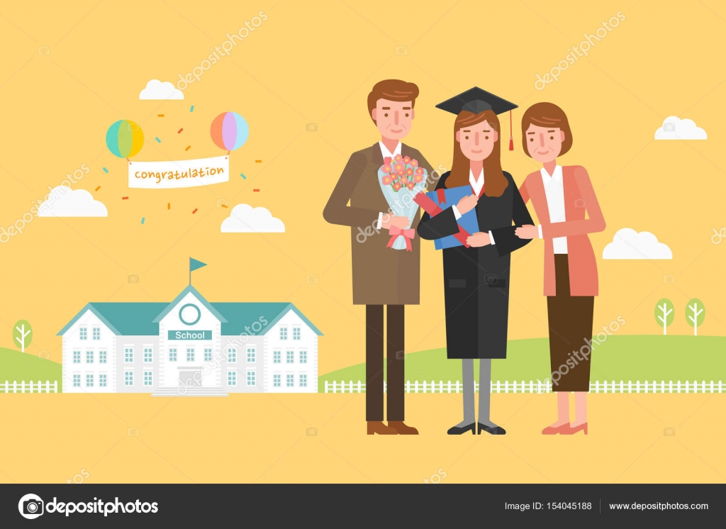 A father and a mother celebrating the graduation ceremony of the girl ...