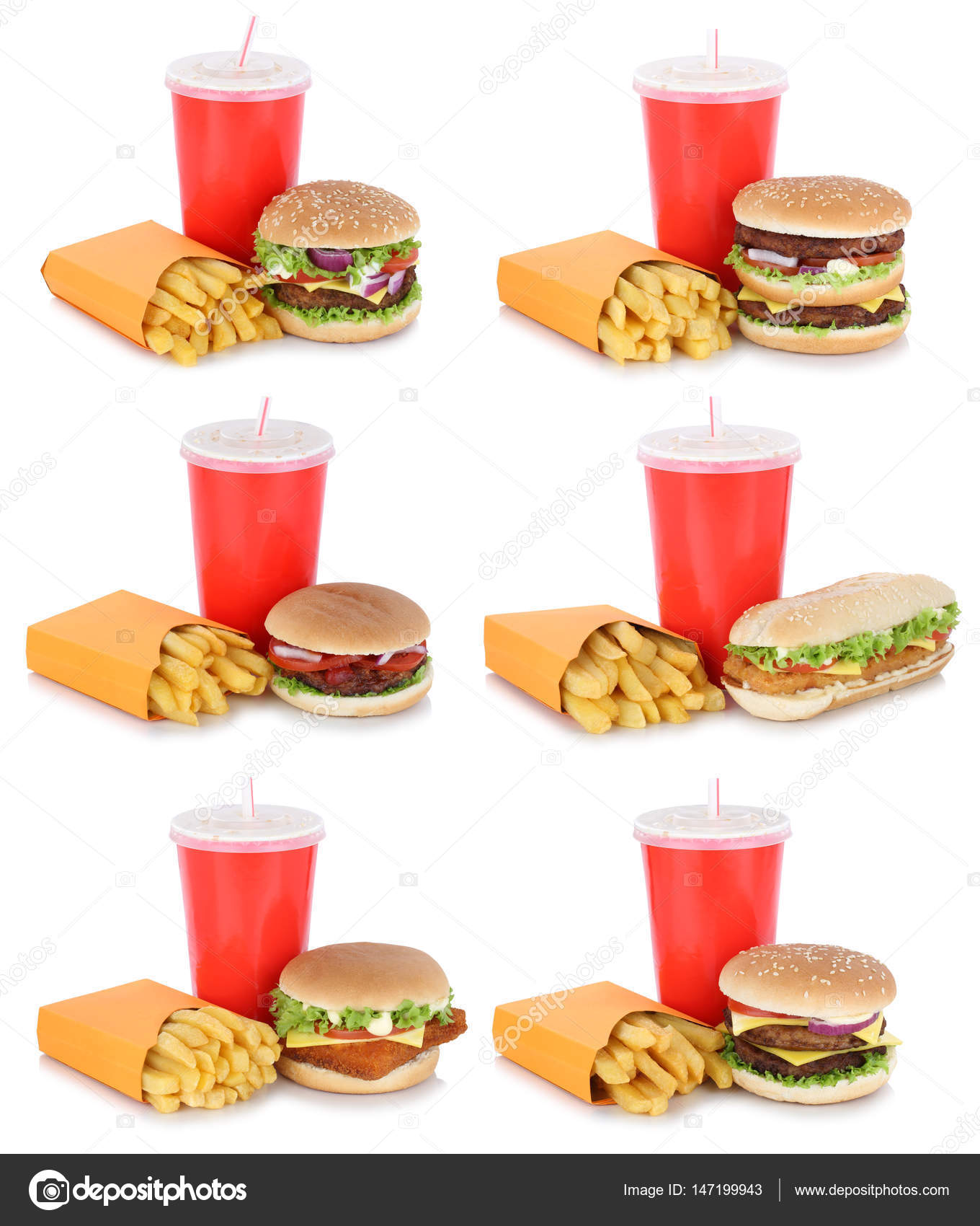 Hamburger collection set cheeseburger and fries menu meal drink Stock ...
