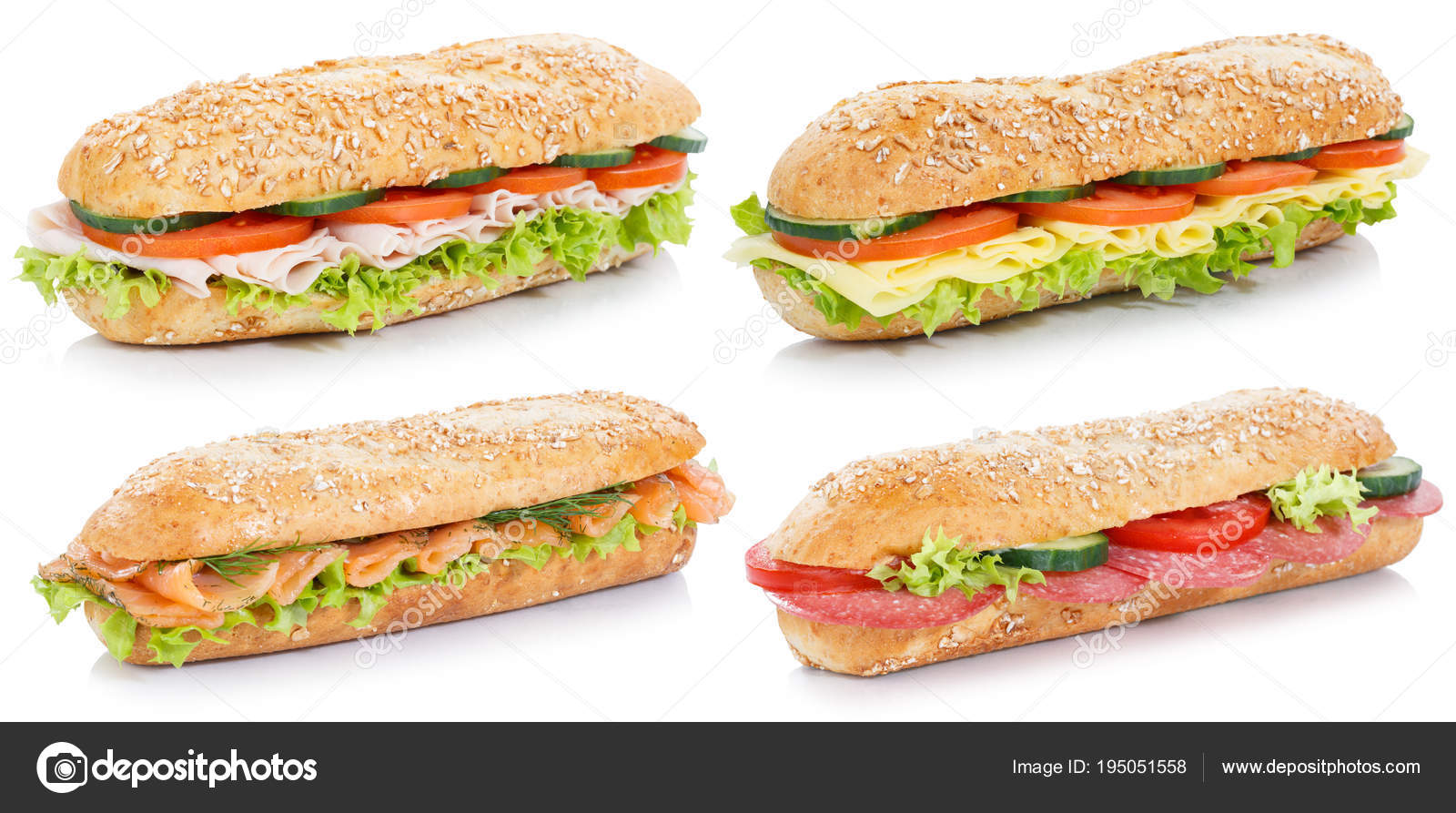 Collection of sub sandwiches with salami ham cheese salmon fish Stock ...