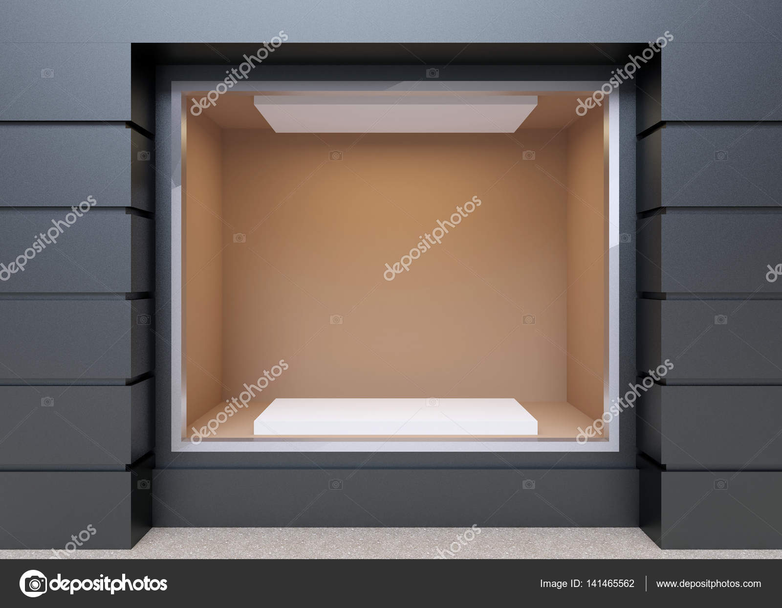 Blank mock up of store street showcase window in a city. 3D rend ...