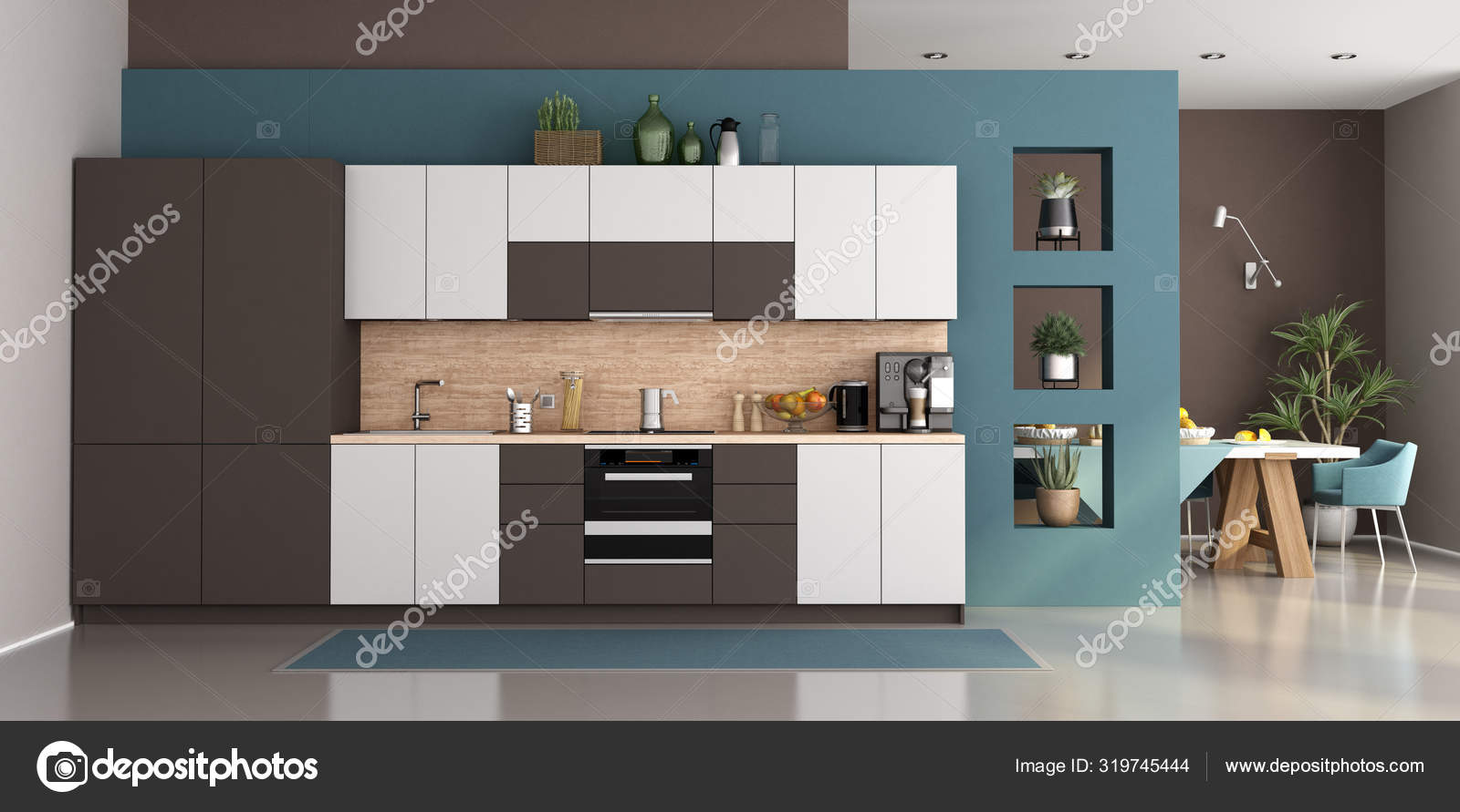 Modern kitchen with dining table on background Stock Photo by ...