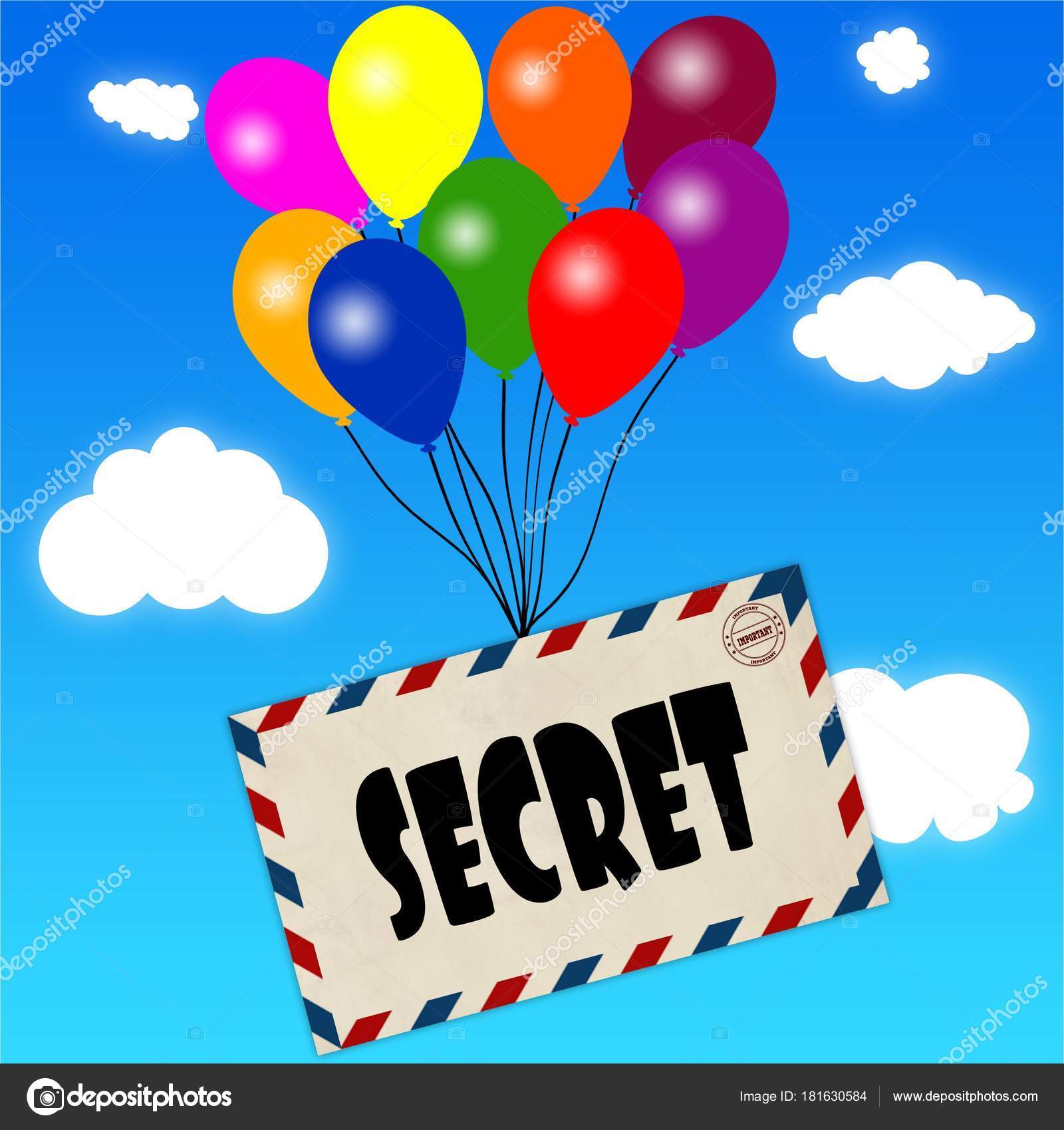 Envelope with SECRET message attached to multicoloured balloons on blue ...
