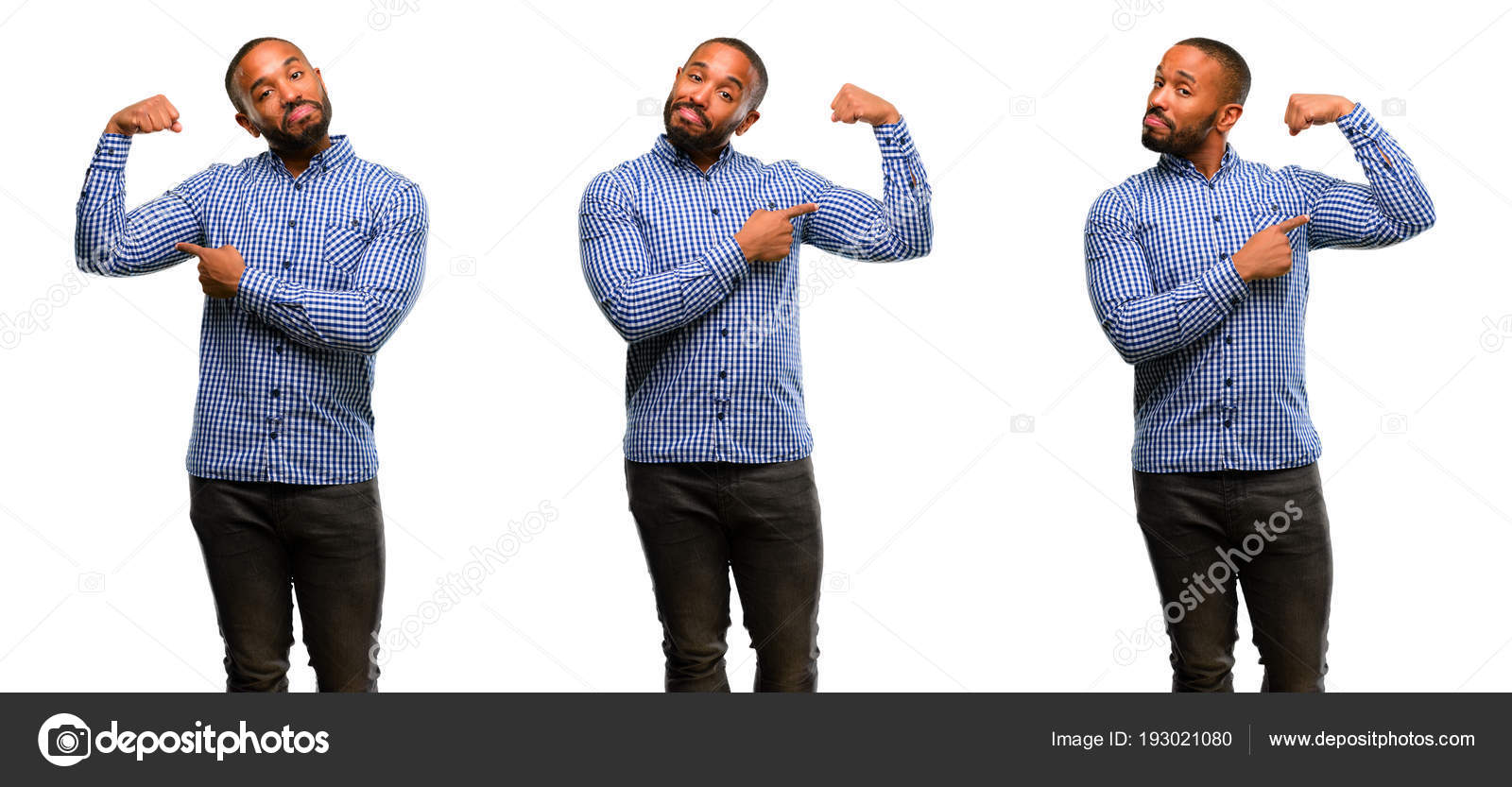 African American Man Beard Pointing Biceps Expressing Strength Gym ...