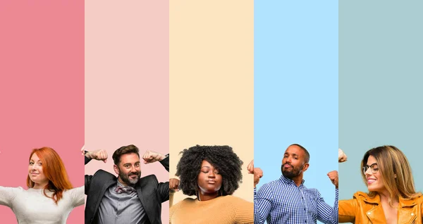 Cool group of people, woman and man showing biceps expressing strength ...