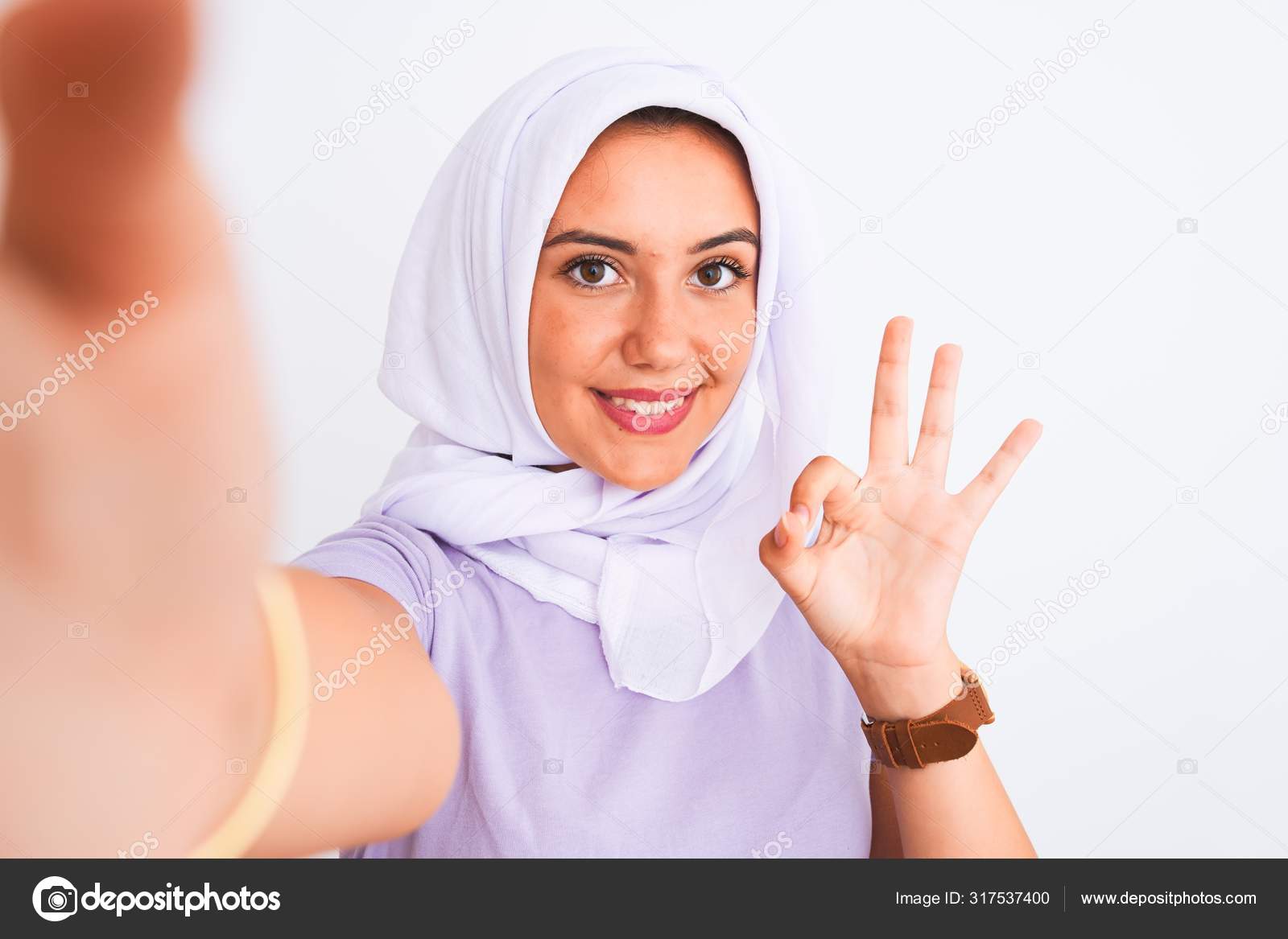 Beautiful Arabian Girl Wearing Hijab Make Selfie Camera Isolated White