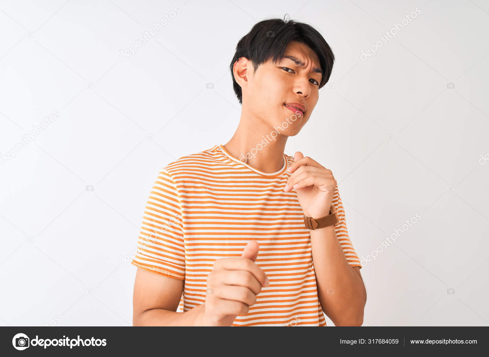 Young Chinese Man Wearing Casual Striped Shirt Standing Isolated White ...