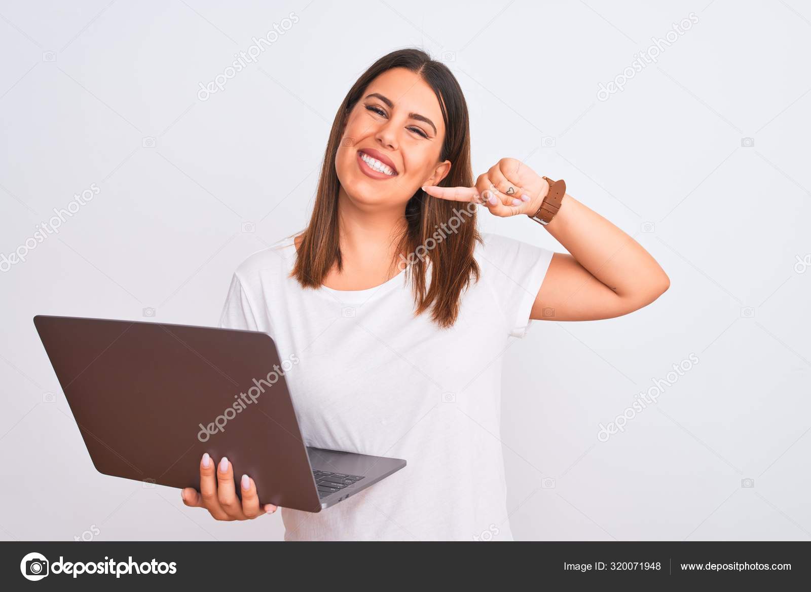 Beautiful Young Woman Working Using Computer Laptop White Background ...