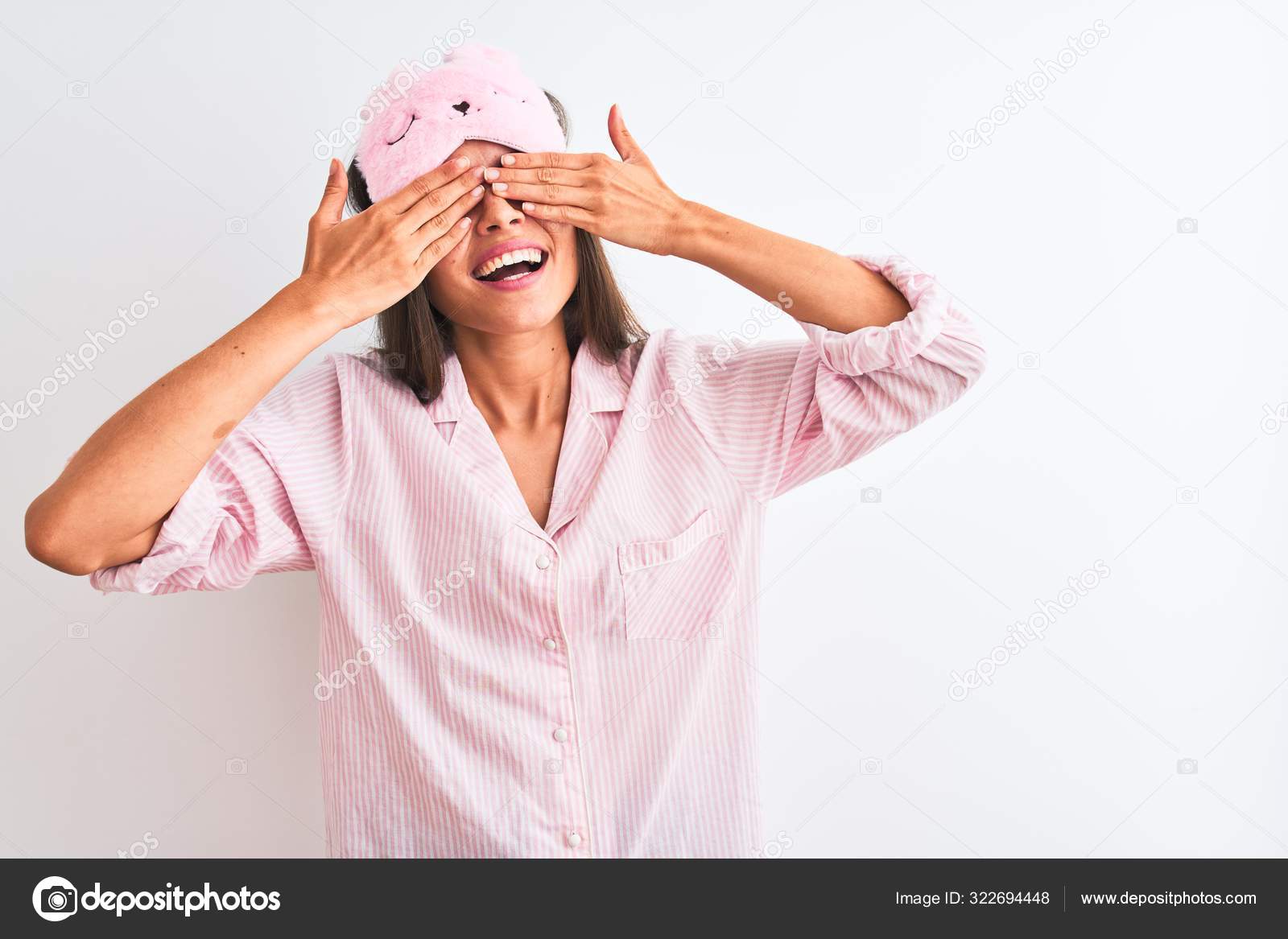 Young Beautiful Woman Wearing Sleep Mask Pajama Isolated White ...