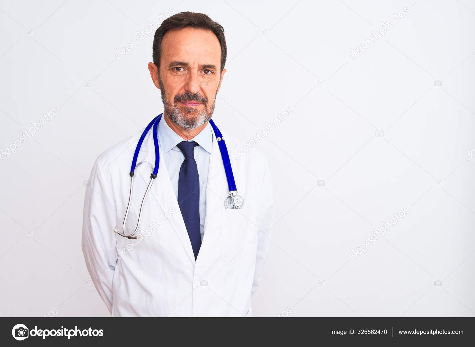 Middle Age Doctor Man Wearing Coat Stethoscope Standing Isolated White ...
