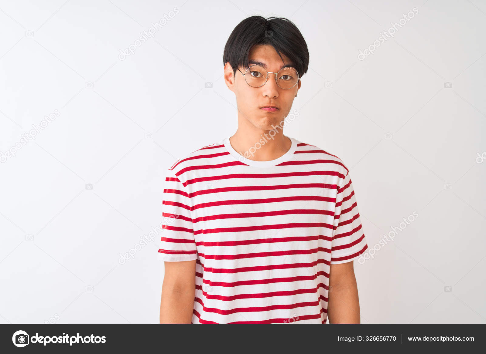 Young Chinese Man Wearing Glasses Striped Shirt Standing Isolated White ...