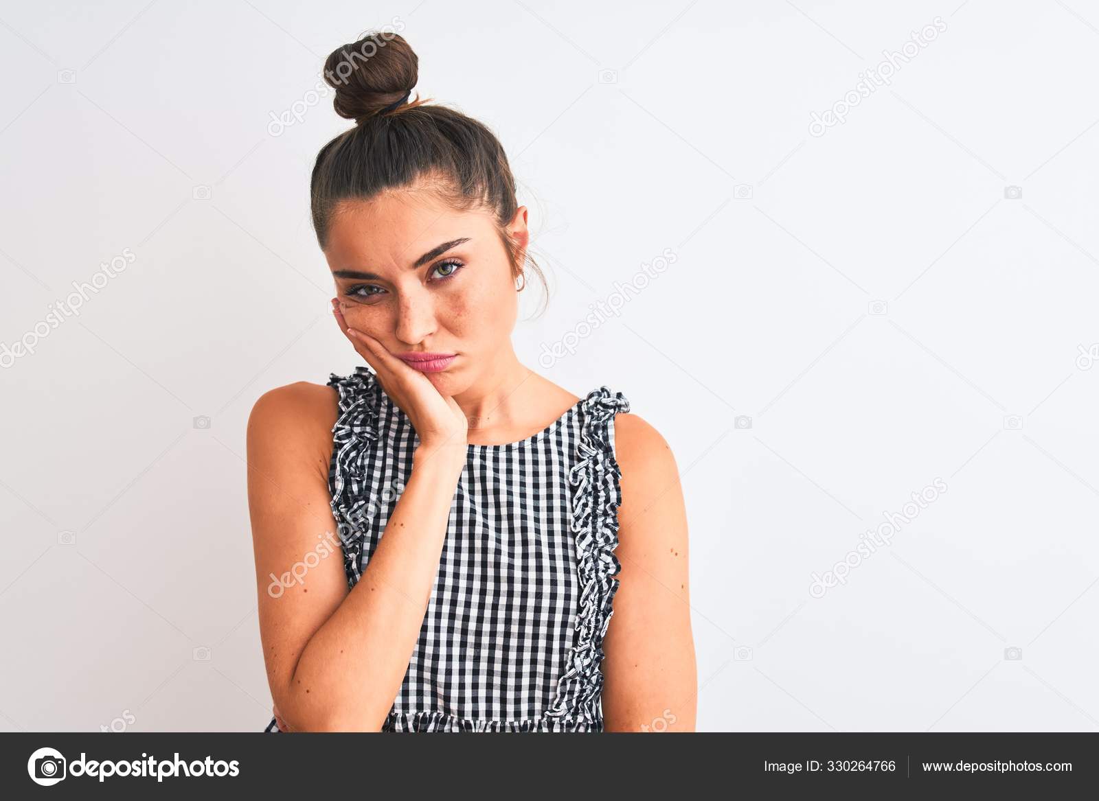 Beautiful Woman Bun Wearing Casual Dresss Standing Isolated White