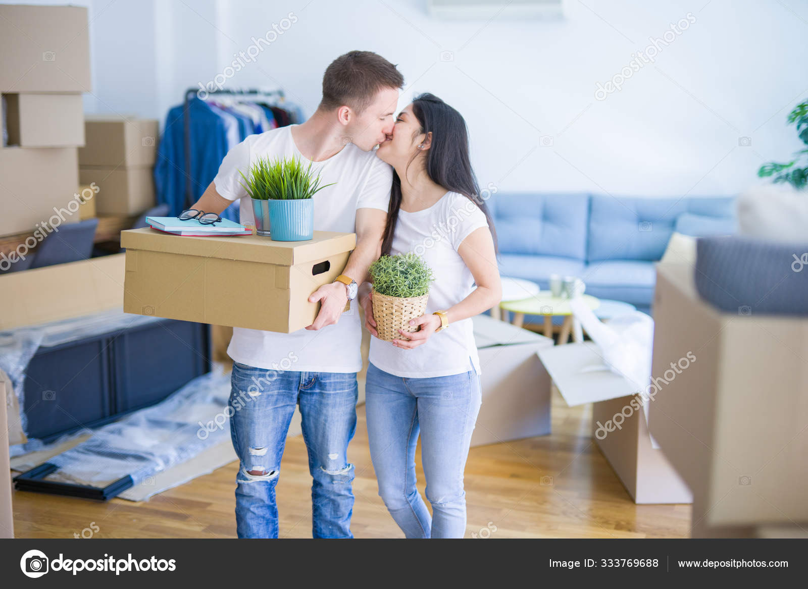 Young Beautiful Couple Sitting Floor New Home Cardboard Boxes ...