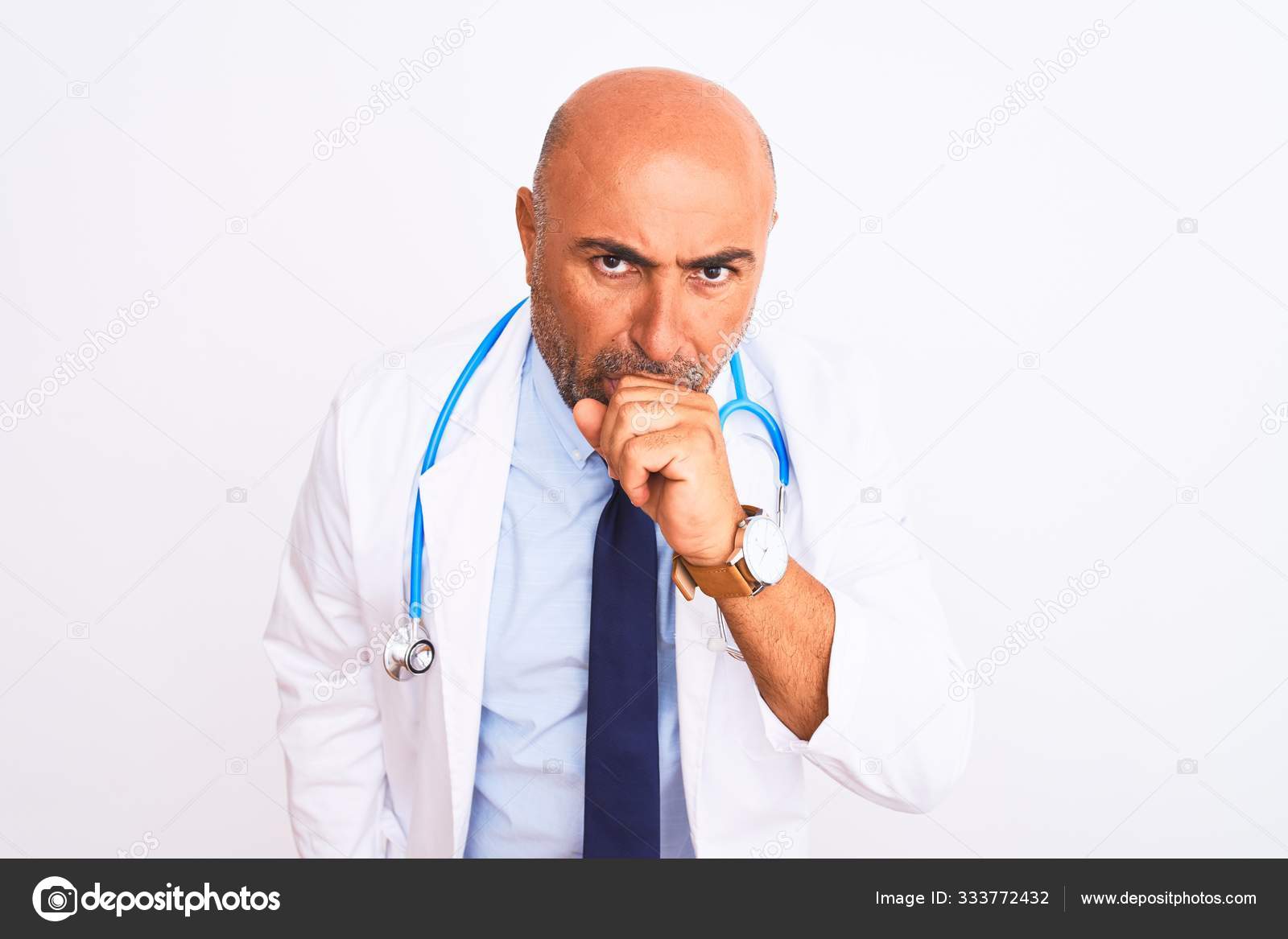 Middle Age Doctor Man Wearing Stethoscope Tie Standing Isolated White ...